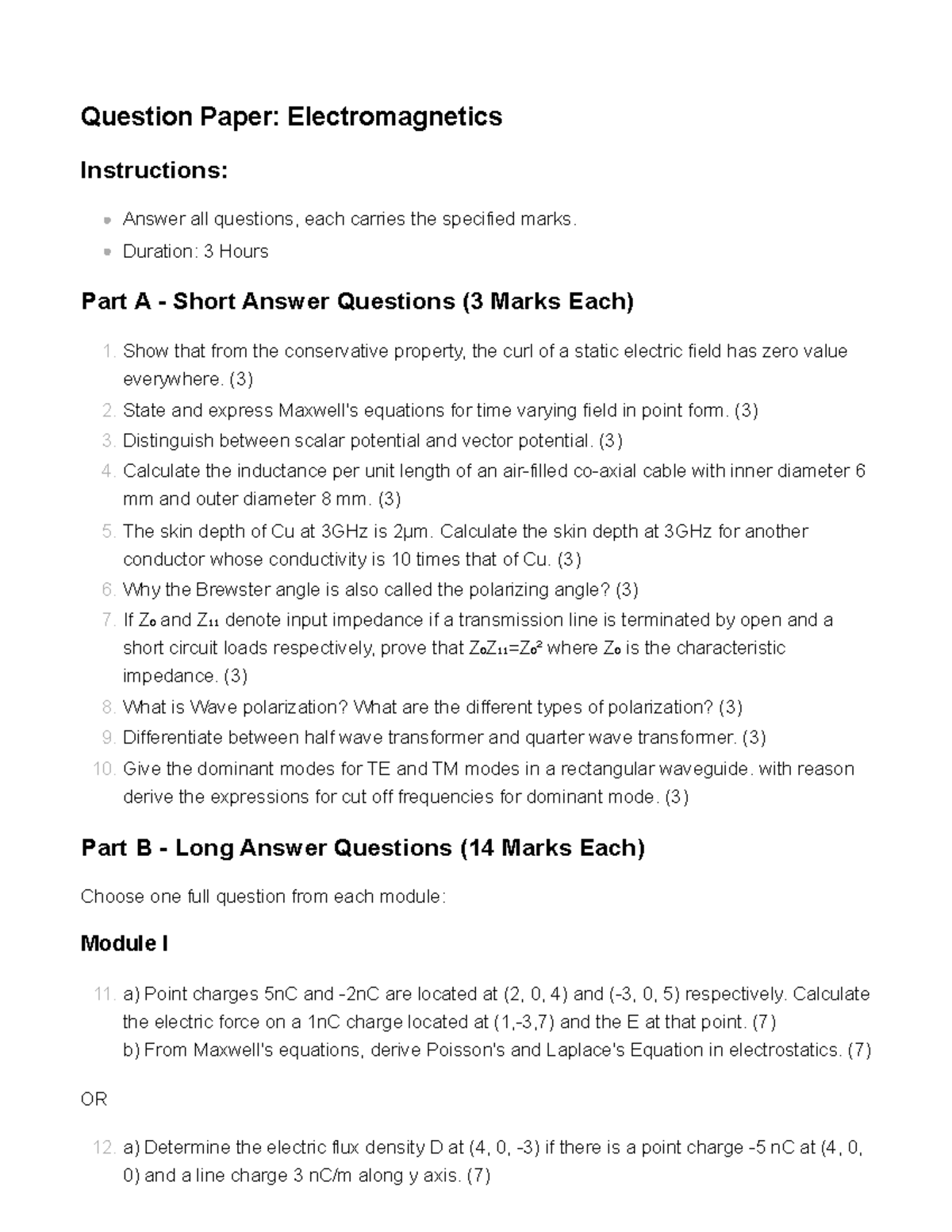 ECT302 JUNE 2022 - Question Paper: Electromagnetics Instructions: Part A - Short Answer ...