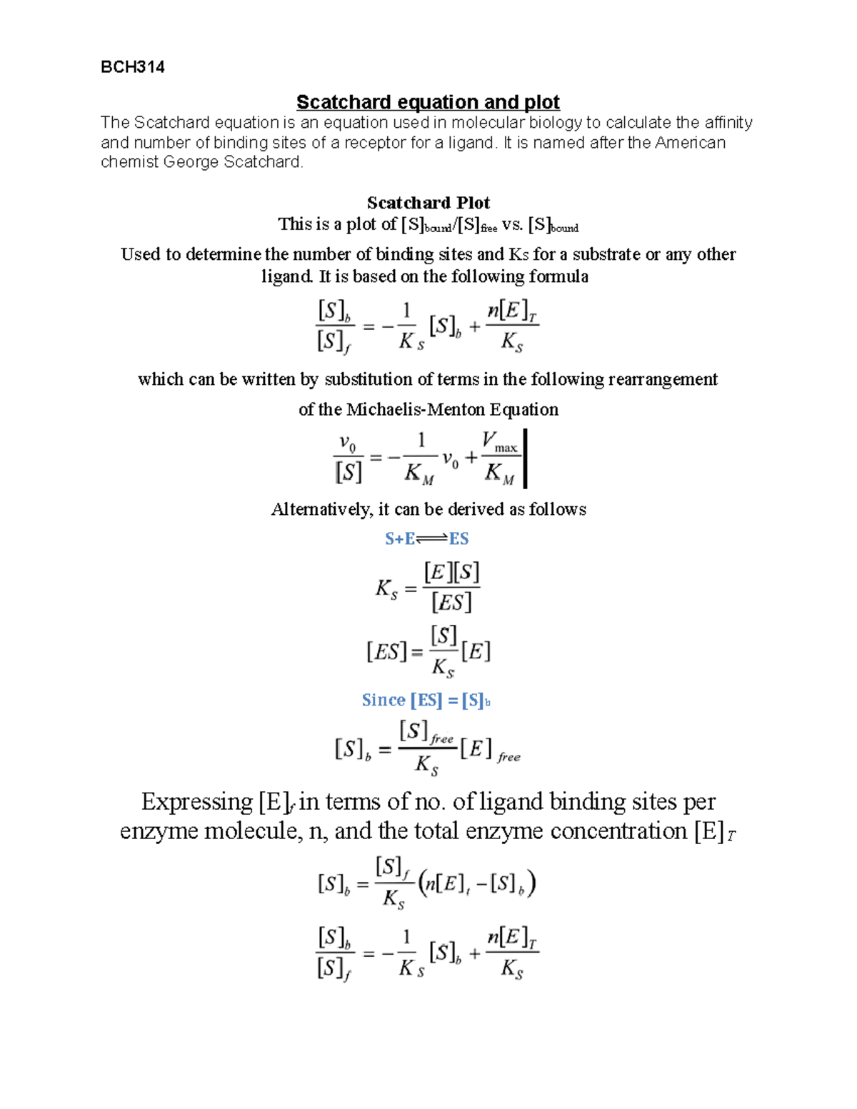 BCH314 scatchard plot - BCH Scatchard equation and plot The Scatchard ...