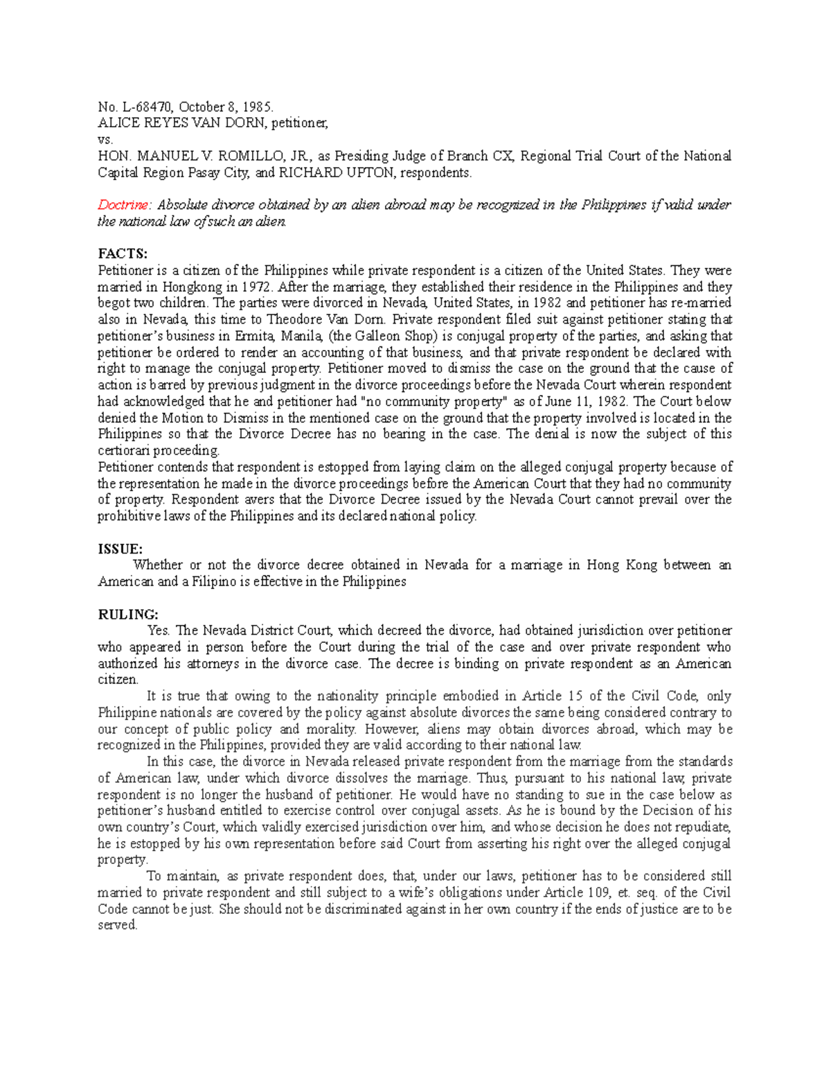 Van-dorn v Romillo - statcon - No. L-68470, October 8, 1985. ALICE ...