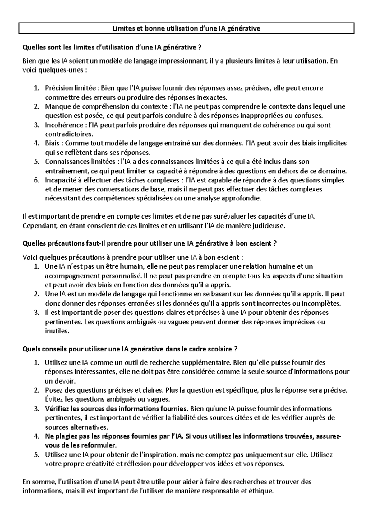 Limites et bonne utilisation IA - Limites et bonne utilisation d’une IA ...