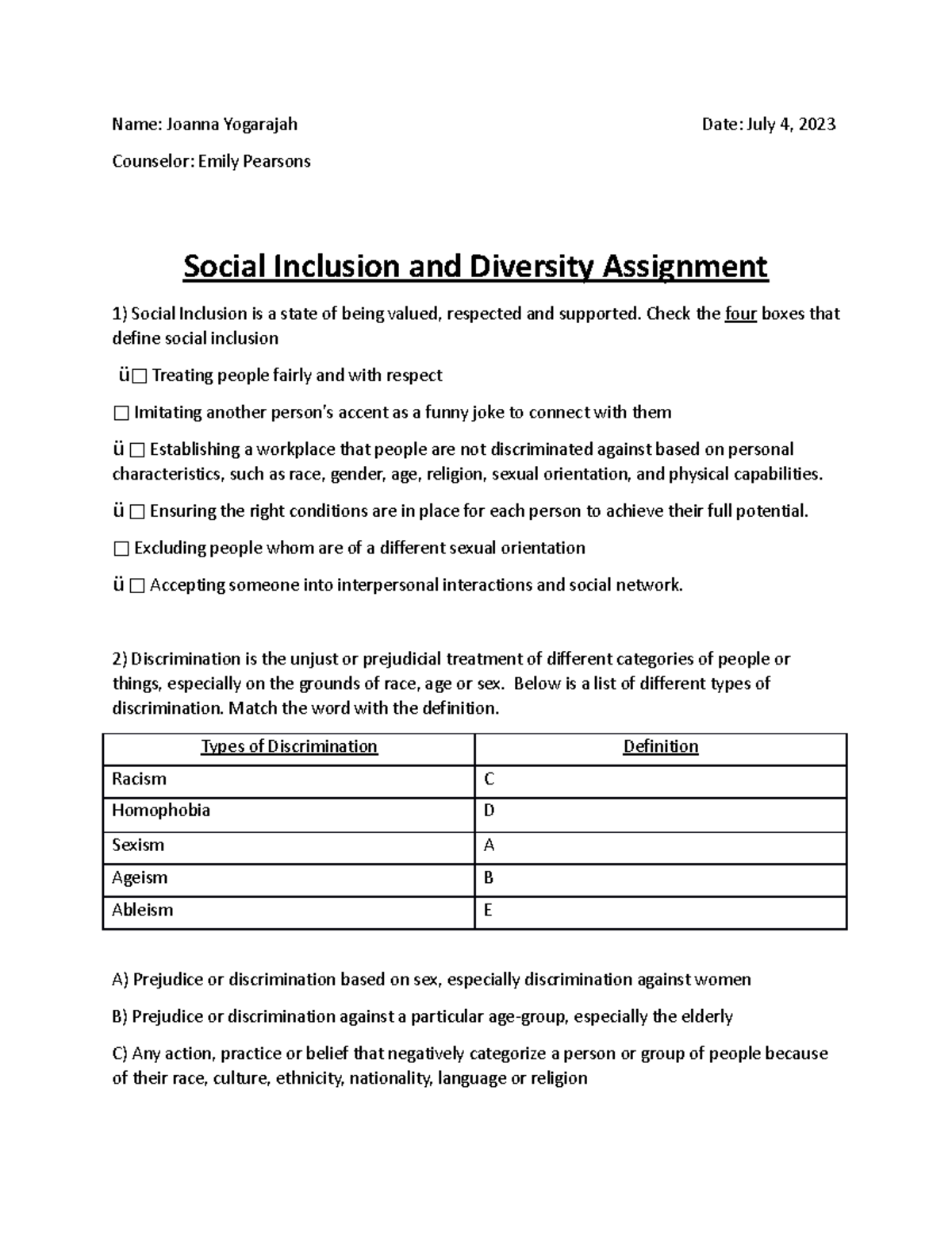 13. Social Inclusion and Diversity Assignment 2022 - Name: Joanna ...