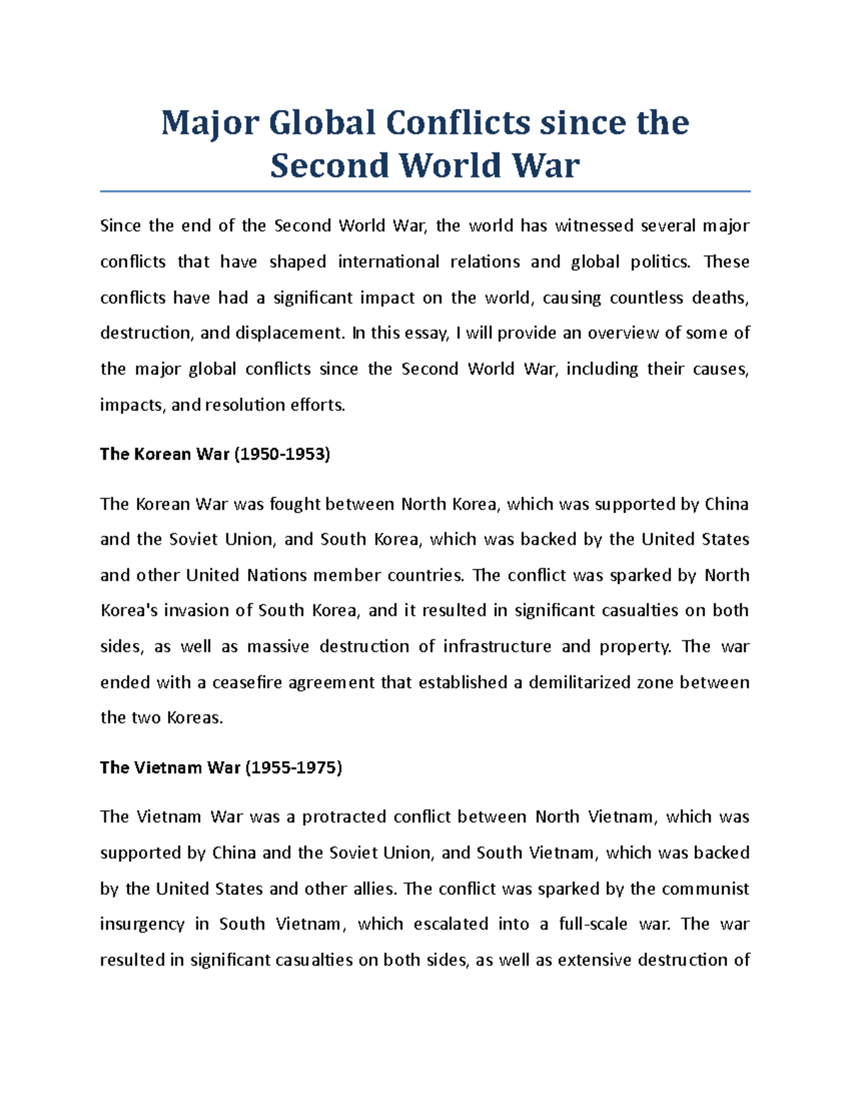 Major Global Conflicts since the Second World War - Major Global ...