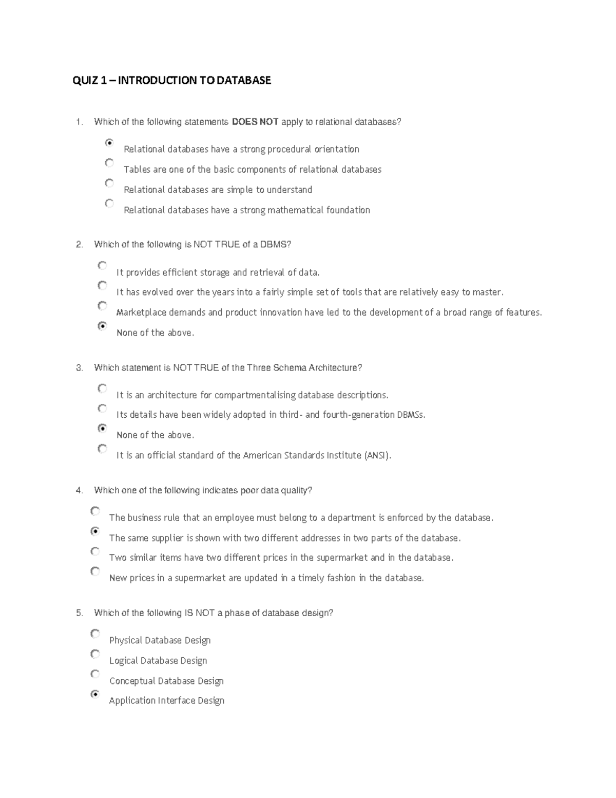 Quiz 1 - introduction to database - QUIZ 1 – INTRODUCTION TO DATABASE 1 ...