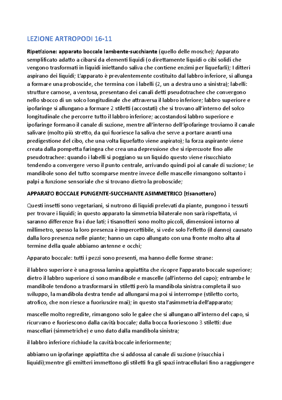 Lezione Artropodi 16-11 - LEZIONE ARTROPODI 16- Ripetizione: apparato boccale lambente ...