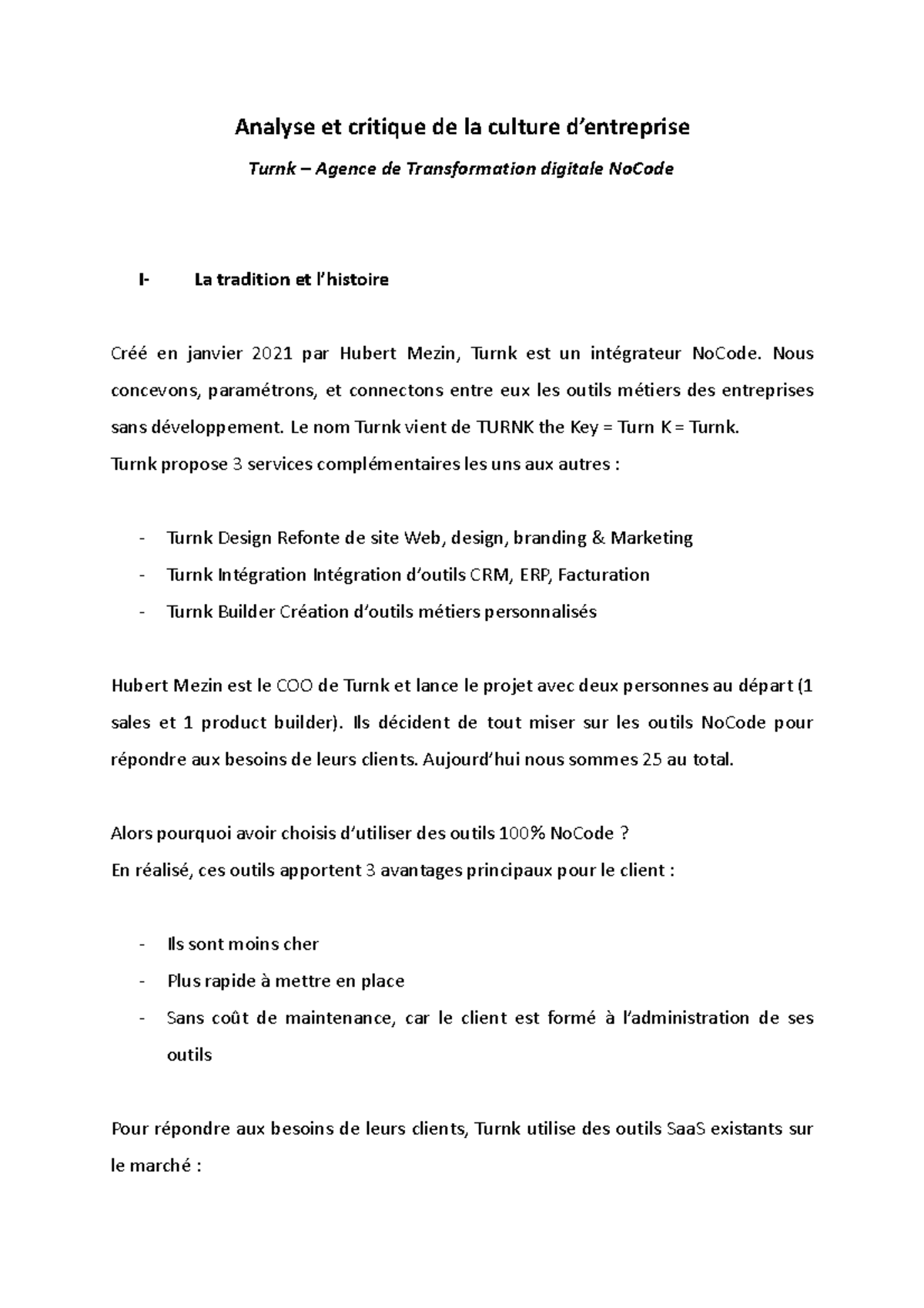 Analyse et critique de la culture d'entreprise Mehdi Benzian - Analyse ...