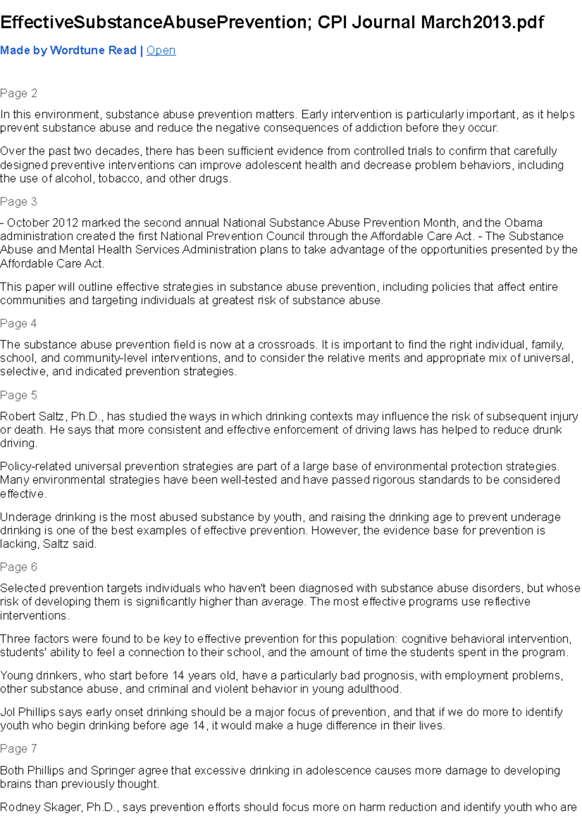 Effective Substance Abuse Prevention; CPI Journal Mar-WT Summaries ...