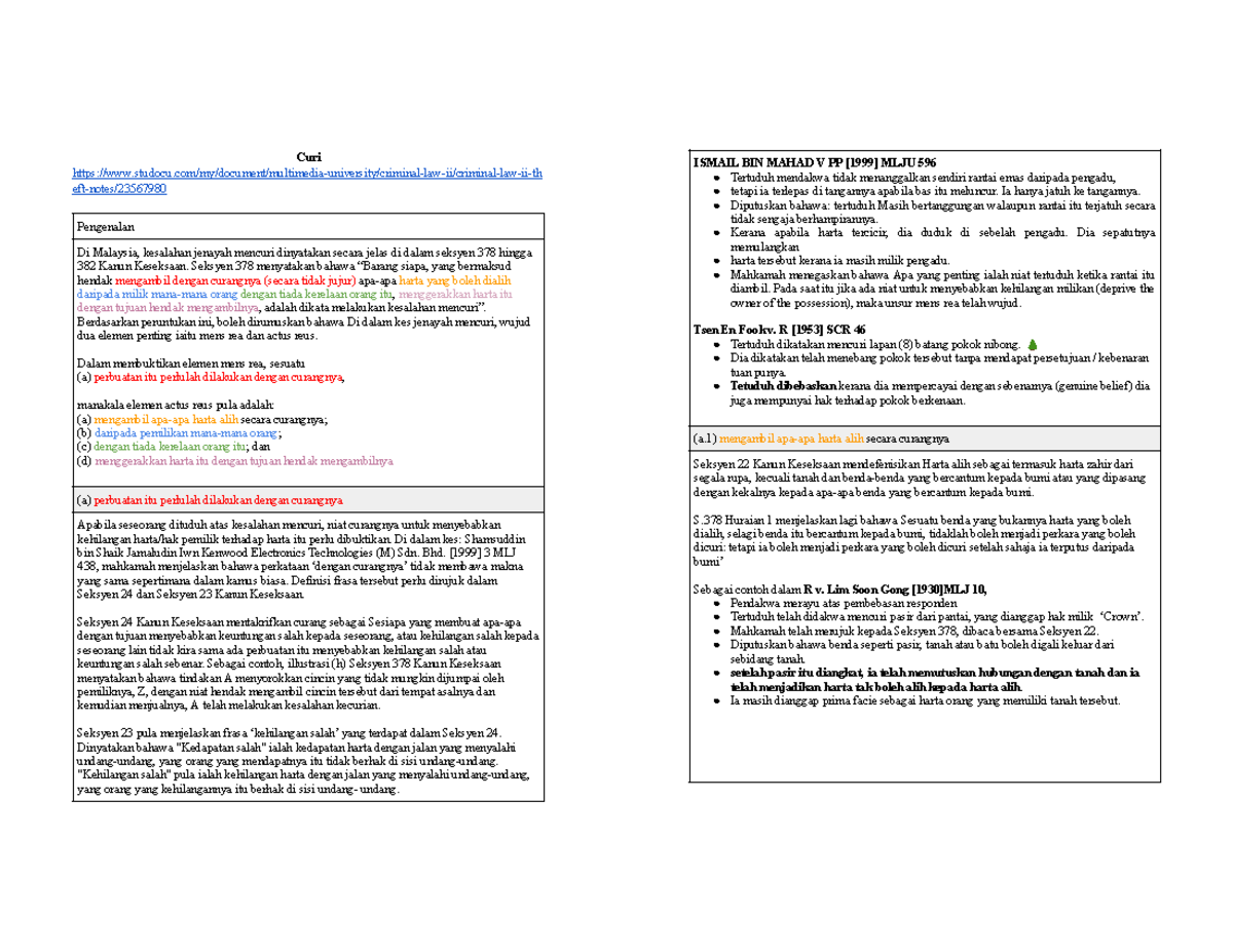 Nota Curi, pemerasan, rompak - Curi - Studocu