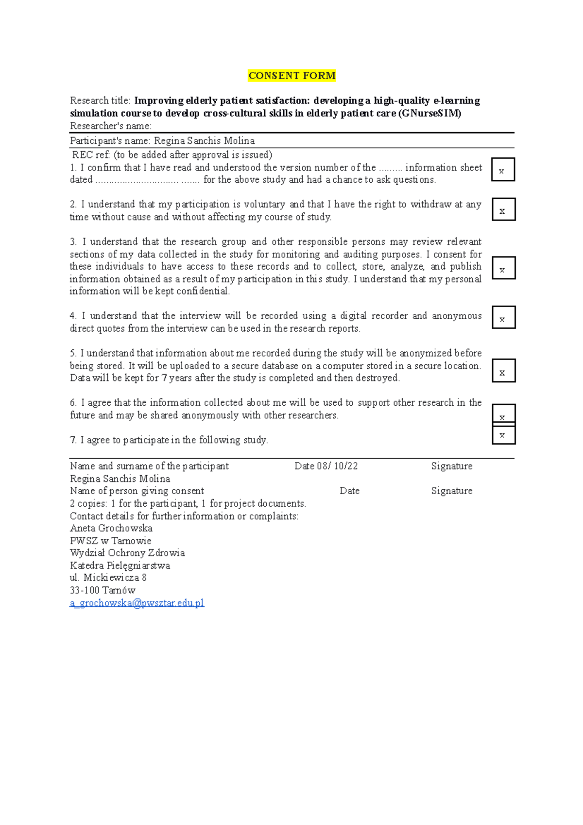 Tarea Sesión 2 - CONSENT FORM Research title: Improving elderly patient ...