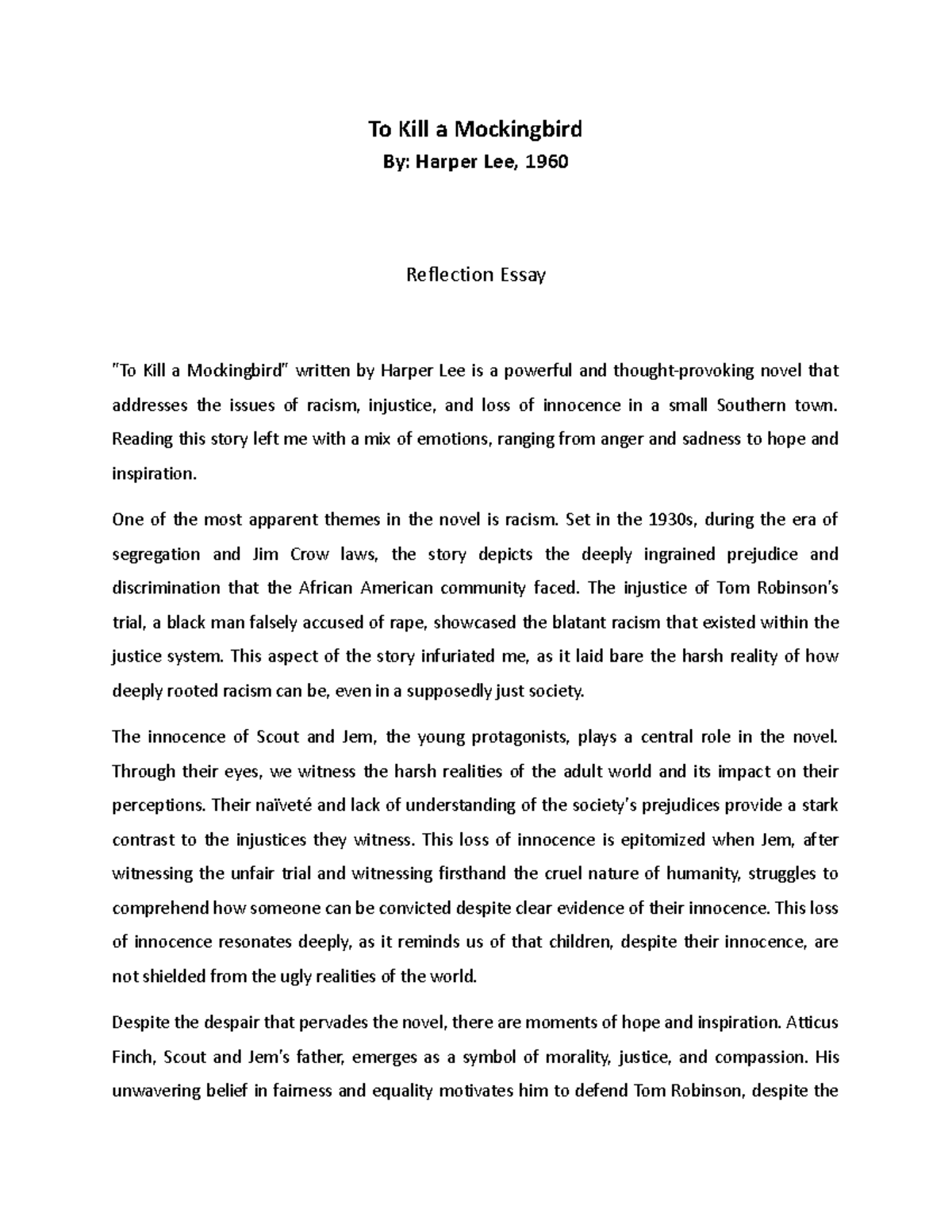 To kill a mockingbird- Reflection Essay - To Kill a Mockingbird By ...