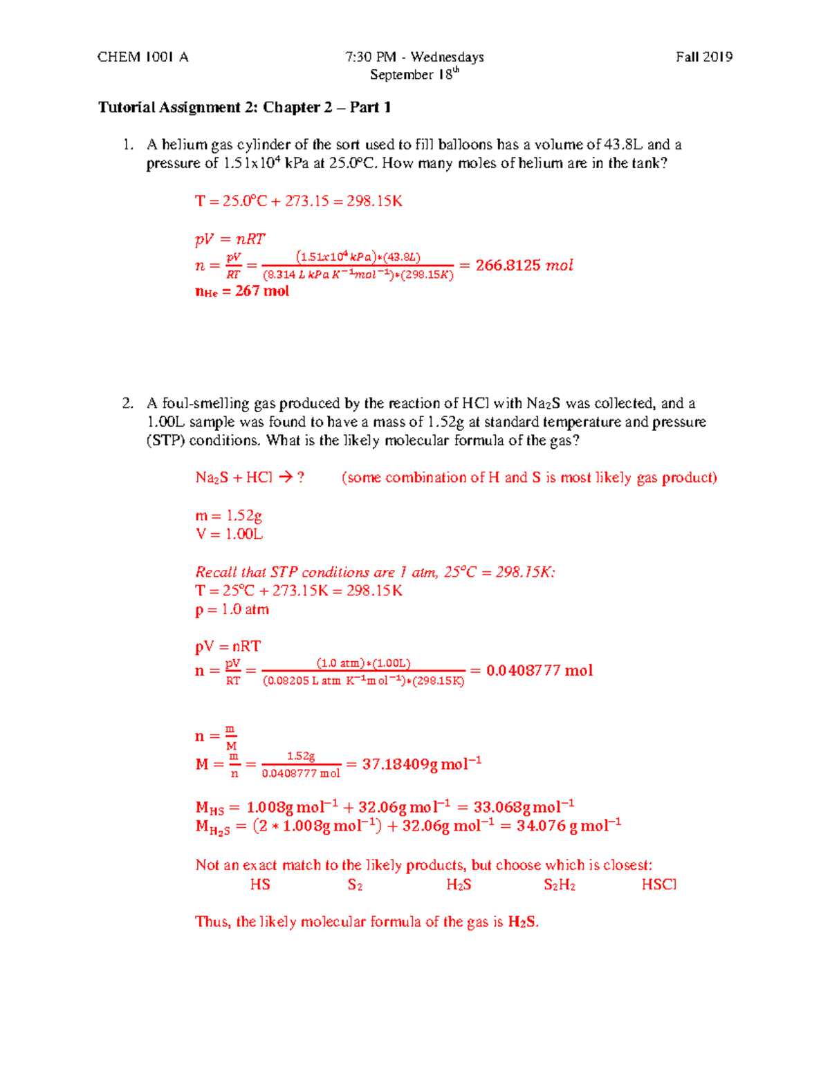 Tutorial Assignment 2 - Chapter 2 - CHEM 1001 A 7:30 PM - Wednesdays ...