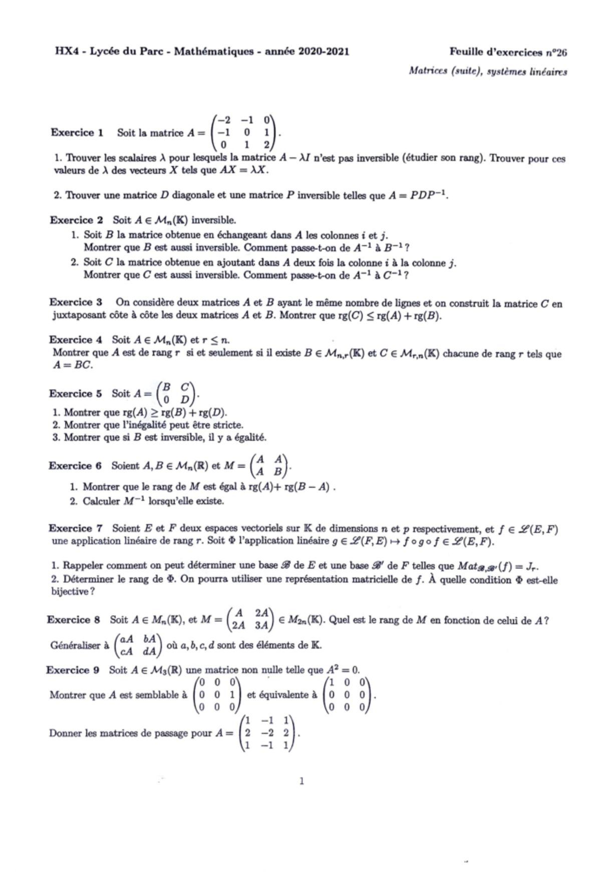 Maths - Chapitre 31 - TD 26 - HX4 -Lycée du Parc -Mathématiques -année ...