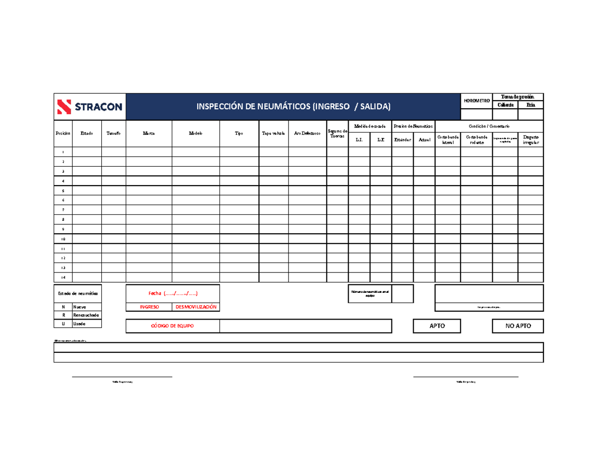 Inspeccion Neumaticos - Caliente Fria L. L Estándar Actual Corte banda ...