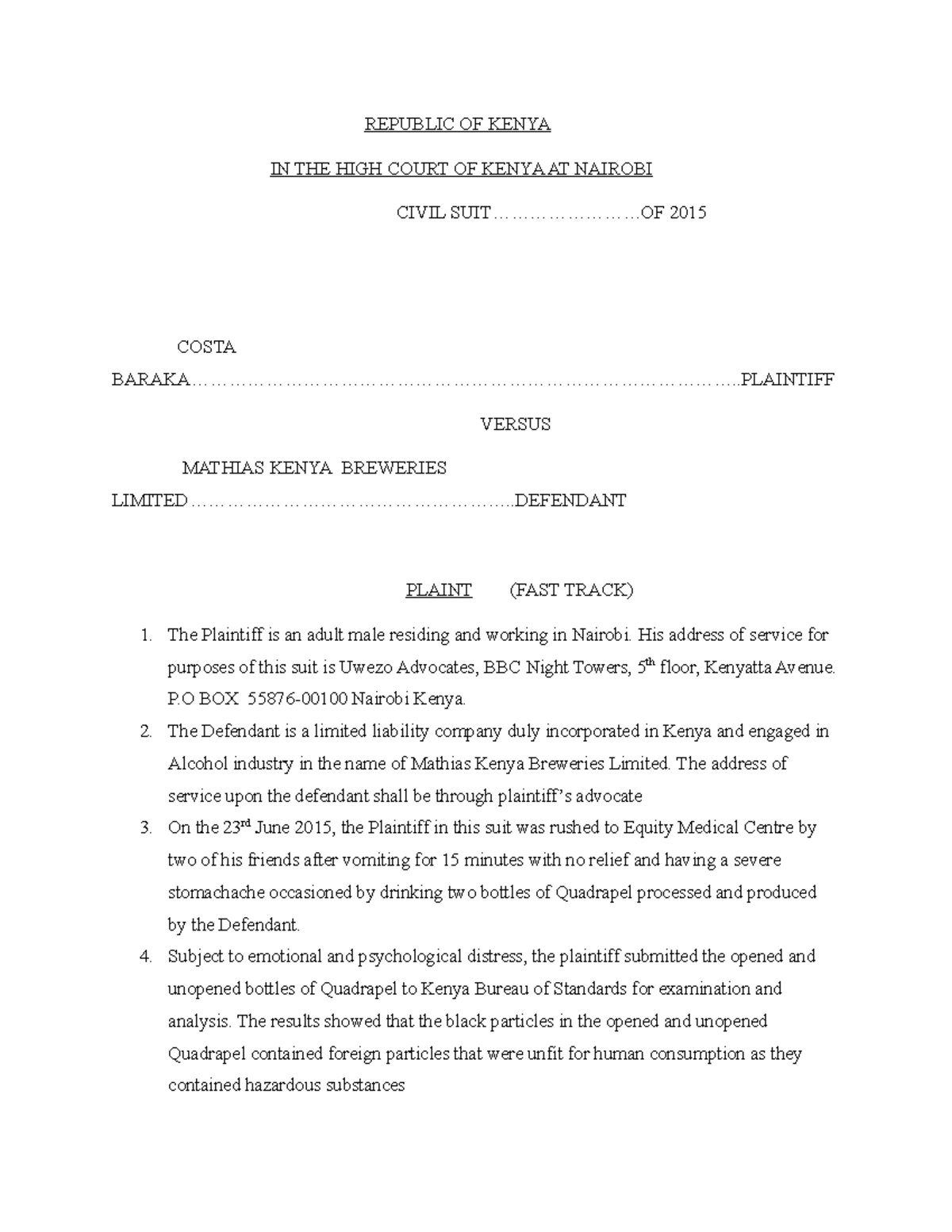 Plaint firm work - ASSIGNEMENT - REPUBLIC OF KENYA IN THE HIGH COURT OF ...