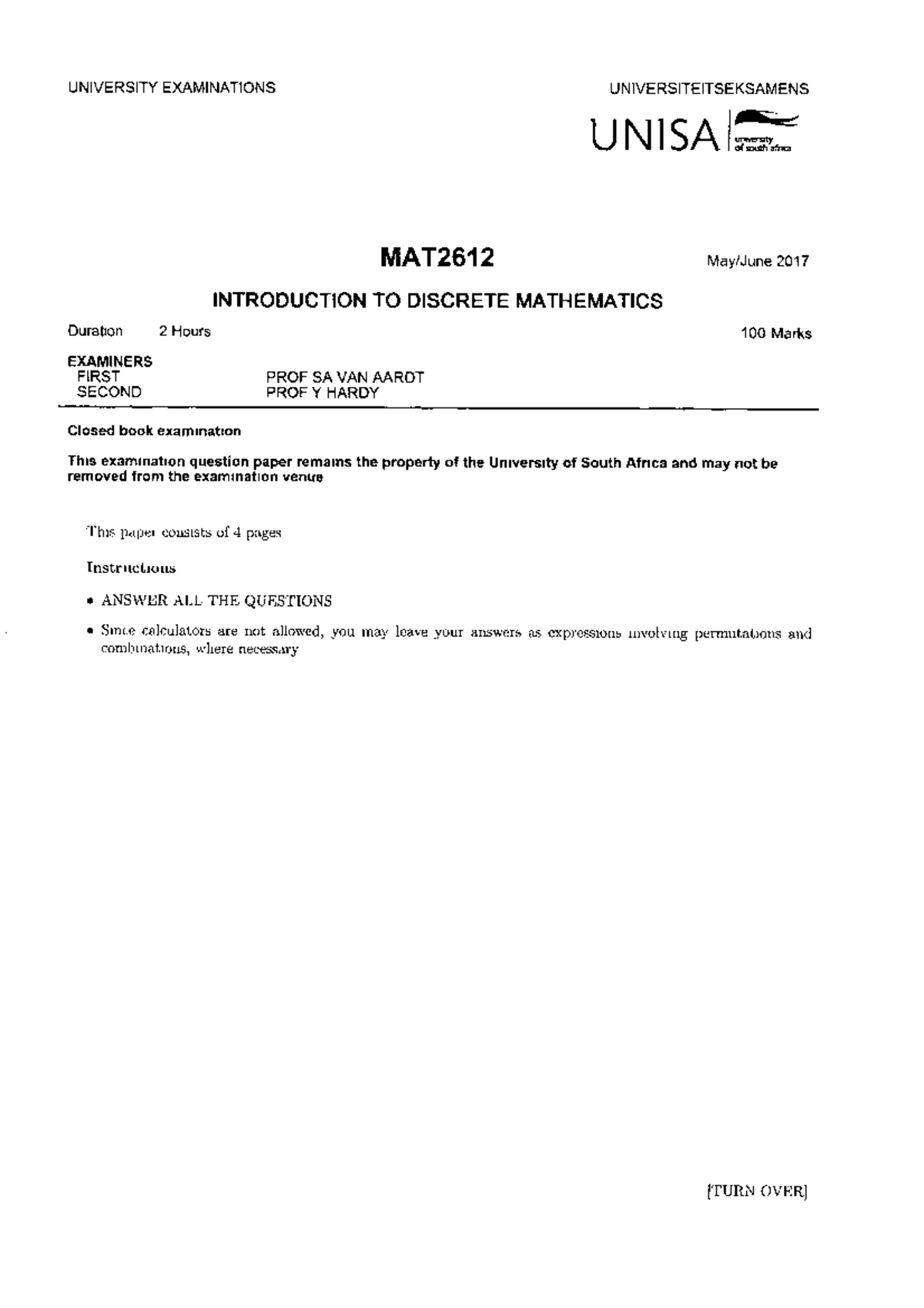 MAT2612 2017 6 E 1 - Exam paper - MAT2612 - Studocu