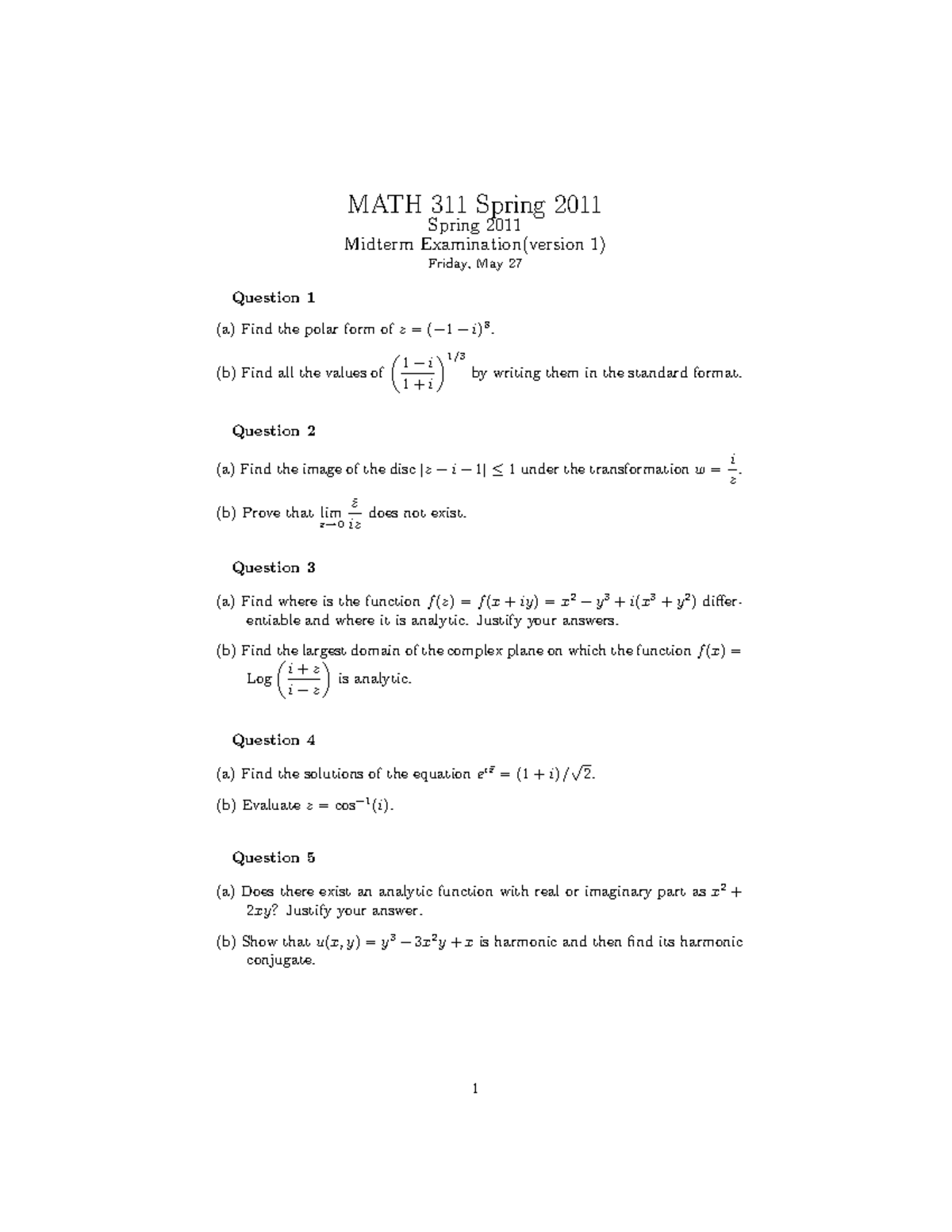 Exam 2011, questions and answers - MATH 311 Spring 2011 Spring 2011 ...