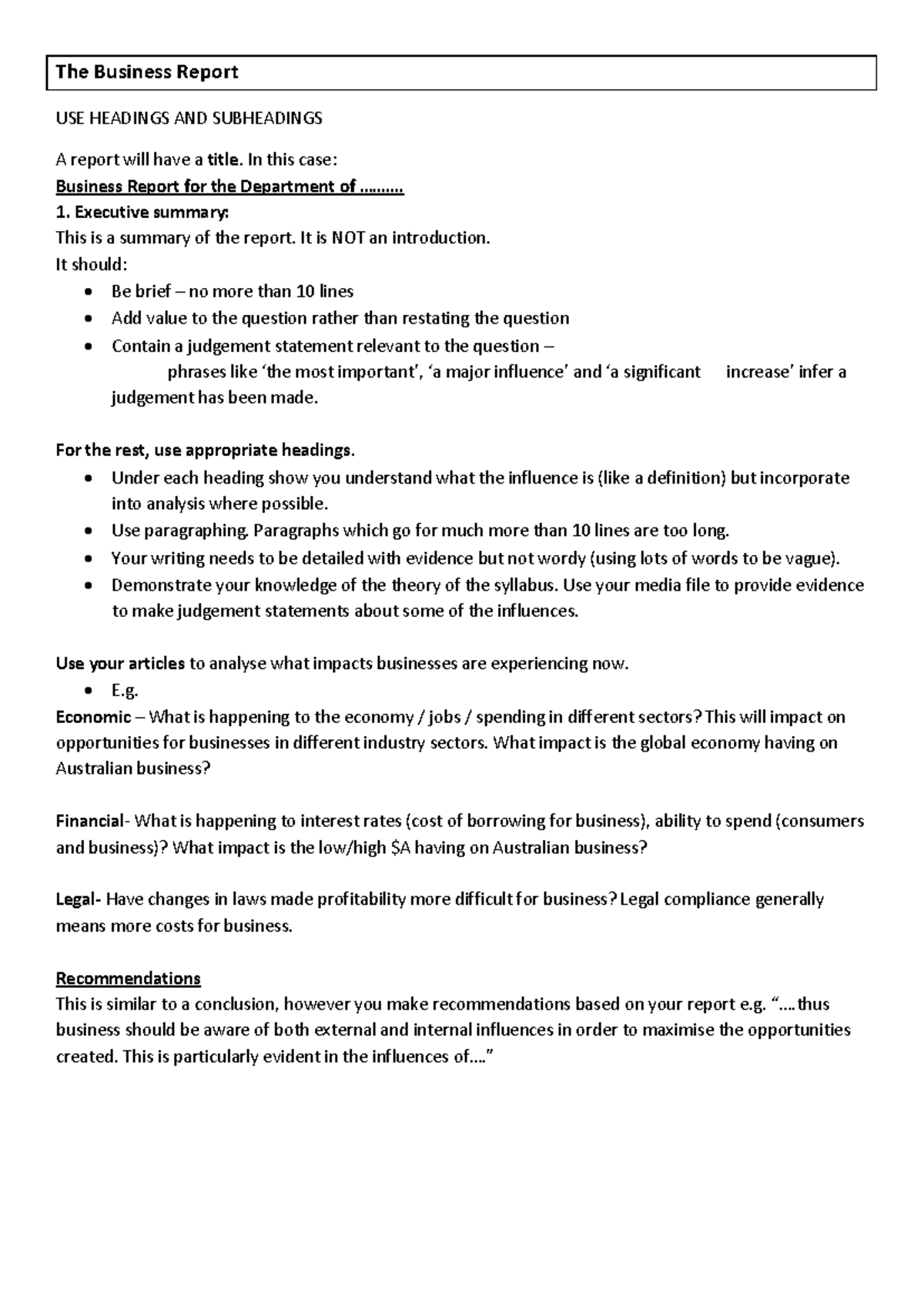 Scaffold of Report (how to write example) - The Business Report USE HEADINGS AND SUBHEADINGS A ...