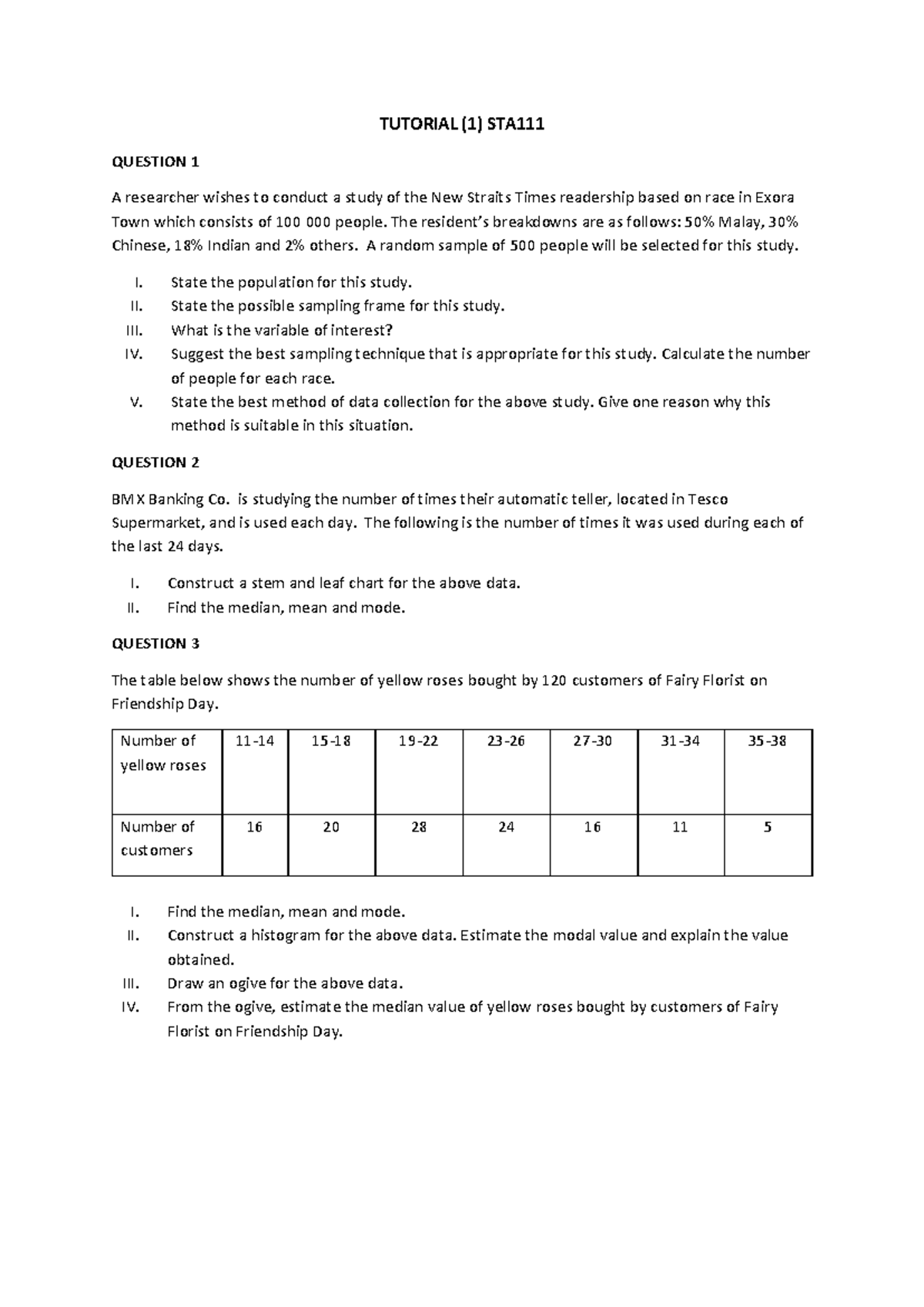 Tutorial 1 STA111 - TUTORIAL (1) STA QUESTION 1 A researcher wishes to ...