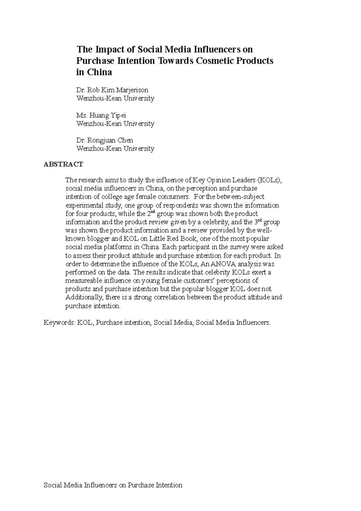 Abstract - ABC - The Impact of Social Media Influencers on Purchase ...