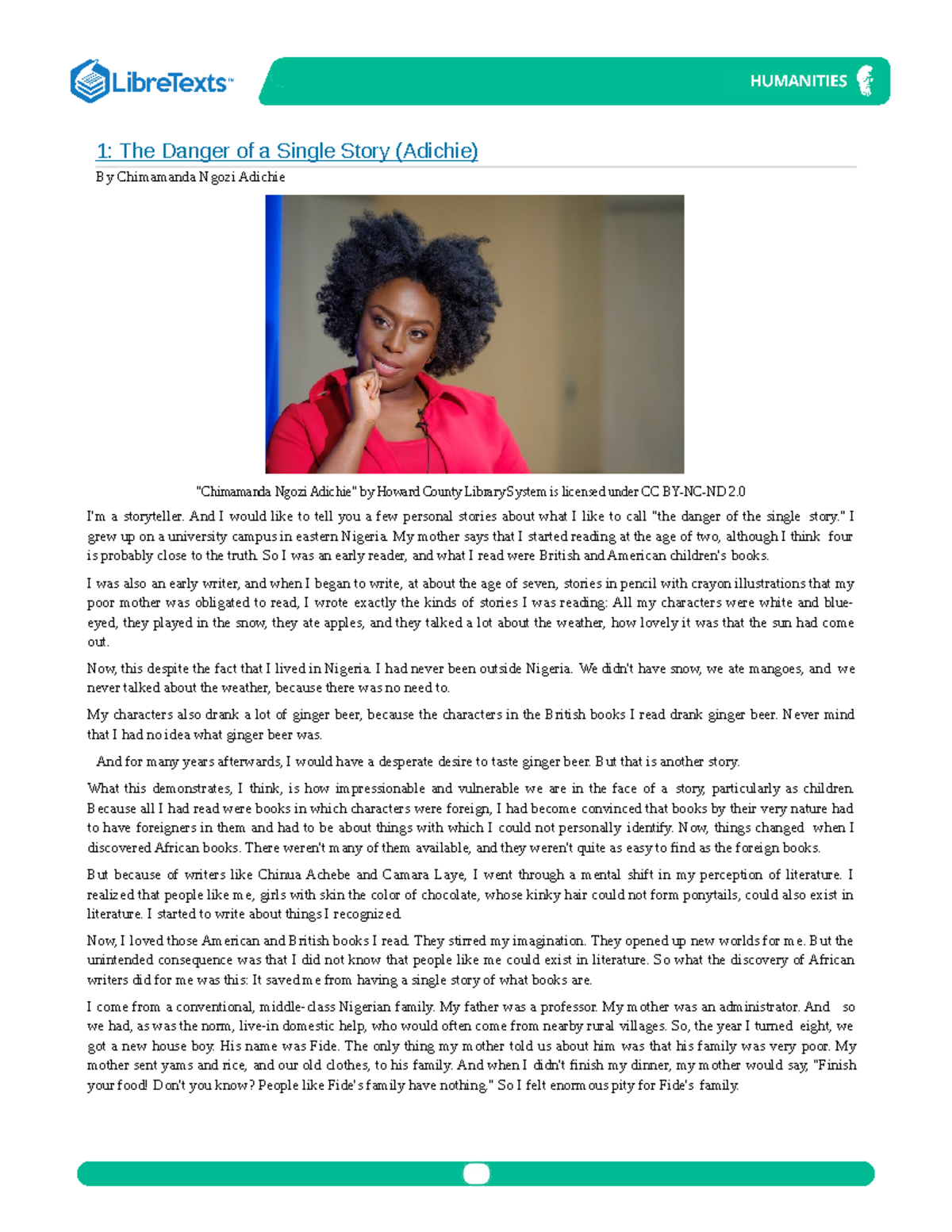 01 The Danger of a Single Story (Adichie) - 6/29/2021 1 CC-BY-NC-ND ...