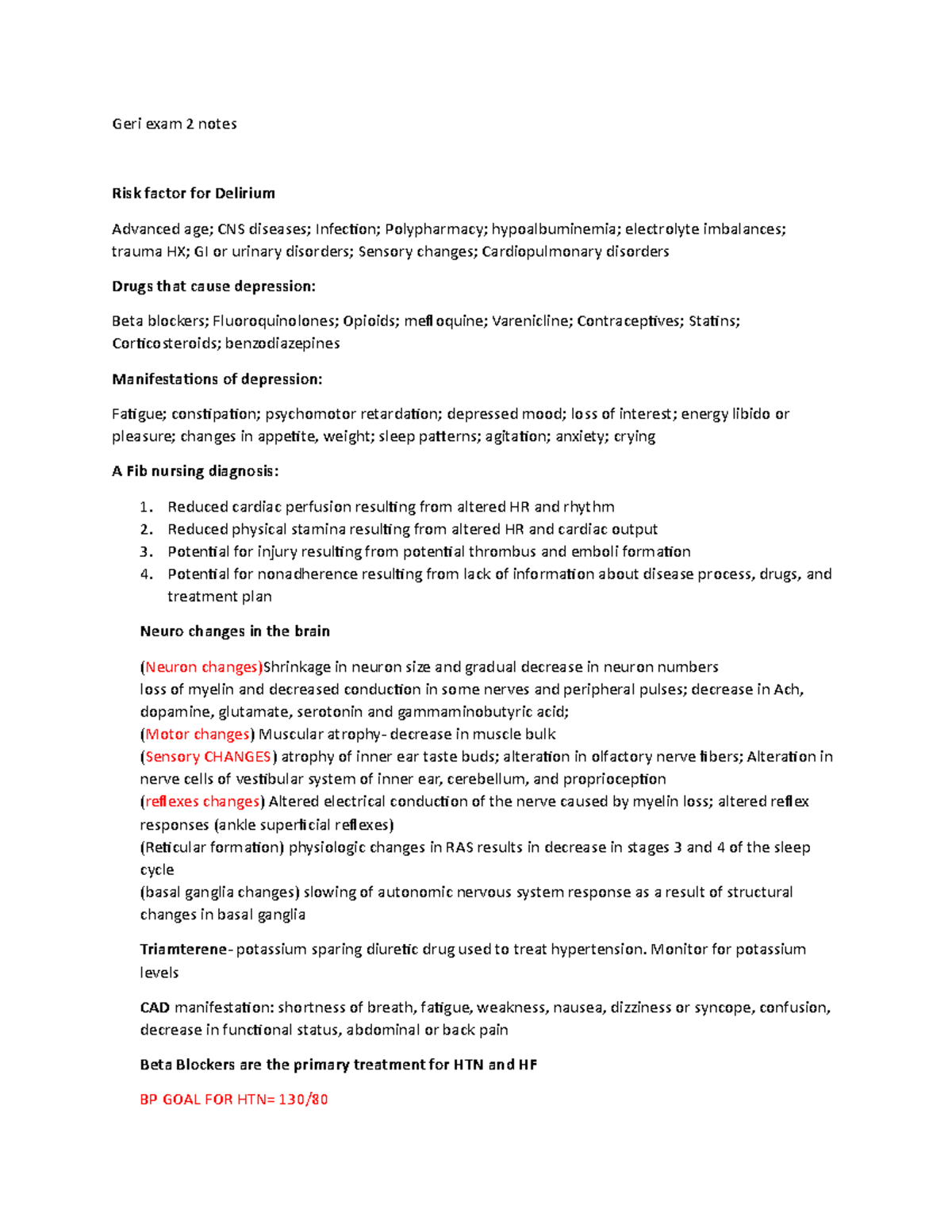 Geri exam 2 notes - Geri exam 2 notes Risk factor for Delirium Advanced ...