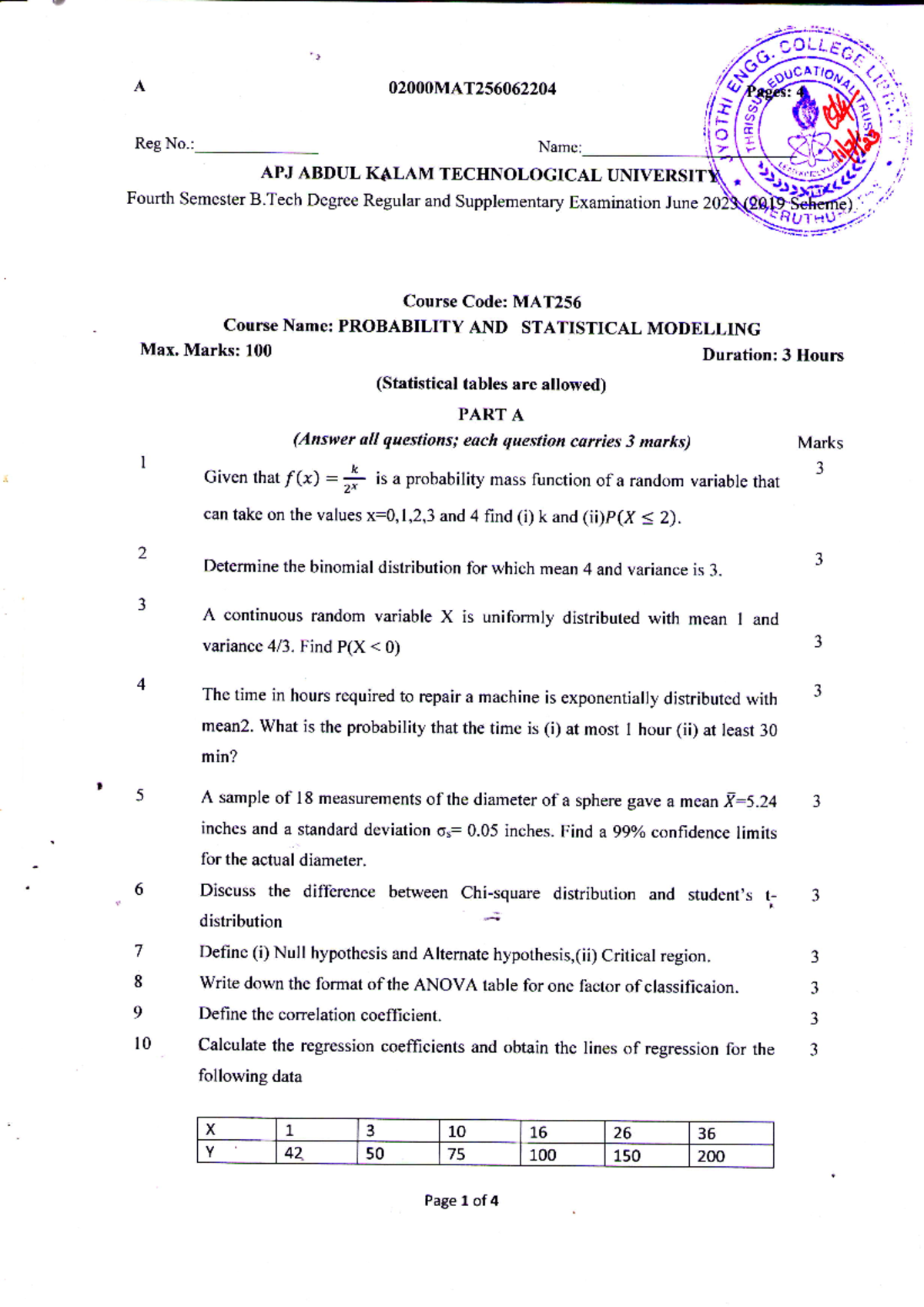 PSM QP - Question Paper - t A Reg No.: 02000MAT APJ ABDUL K4 ...