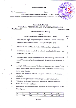Probability and Statistical Modelling - MAT256 - KTU - Studocu