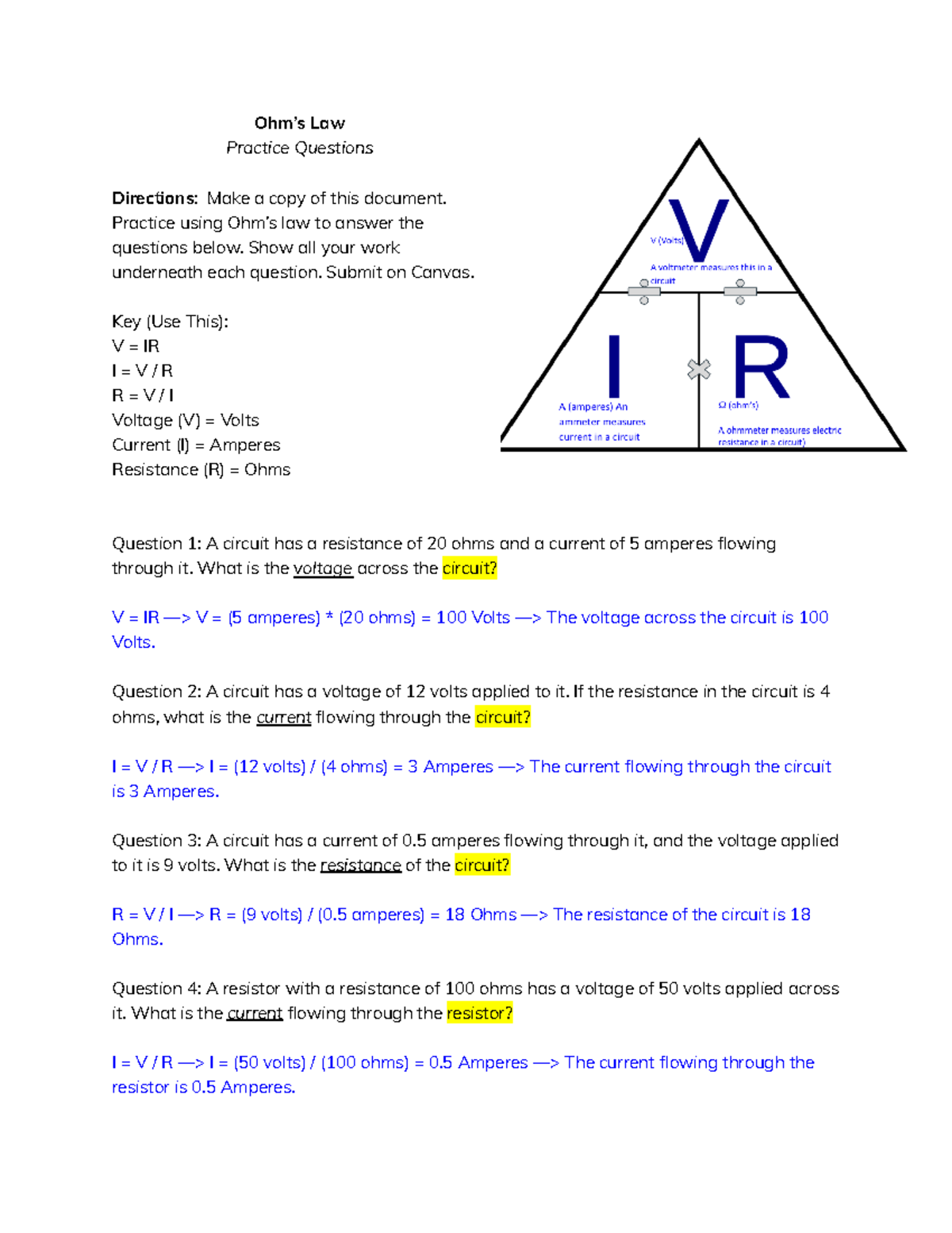 Copy of Ohm’s Law - The assignment has basic practice problems about ... Copy of Ohm’s Law - The assignment has basic practice problems about ...