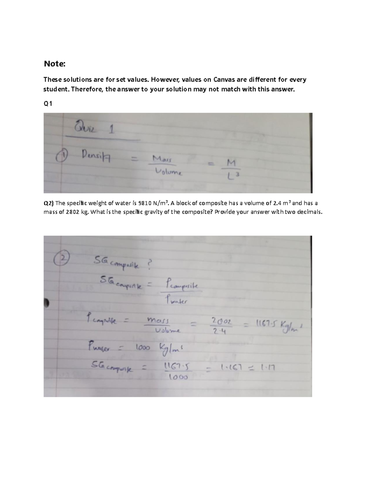 Quiz1 practice problems - CE 3305 - Note: These solutions are for set values. However, values on ...