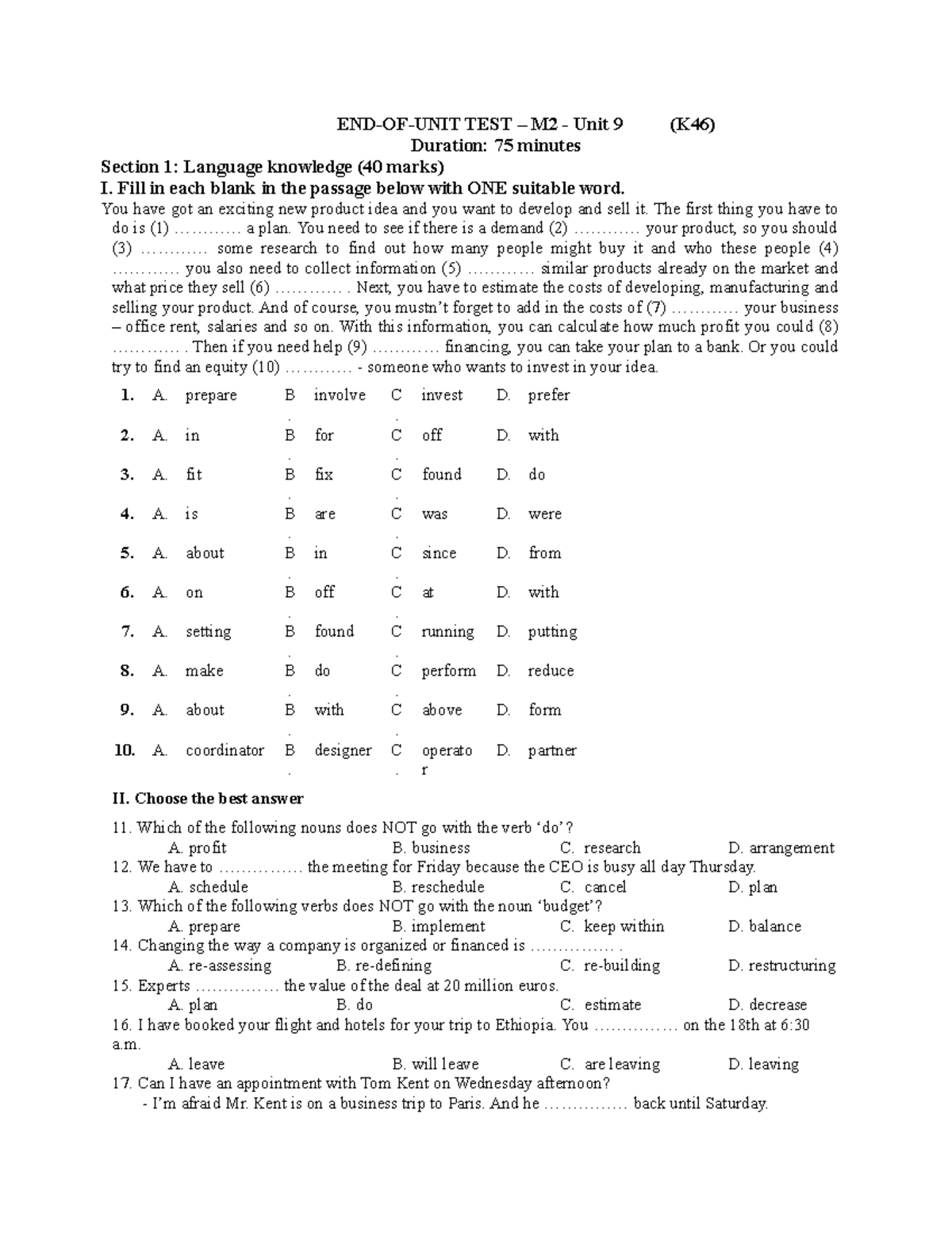 END OF UNIT TEST 8 K46 đại học Kinh Tế TP.HCM - Tiếng Anh HP3 - Đại học ...