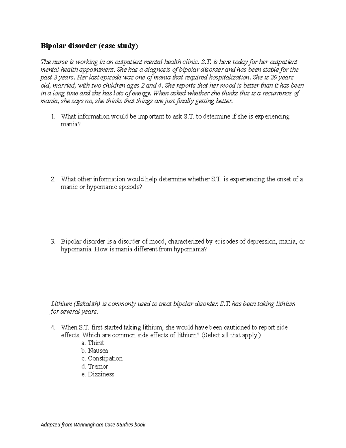 Bipolar disorder case study review 2-16 - Bipolar disorder (case study ...