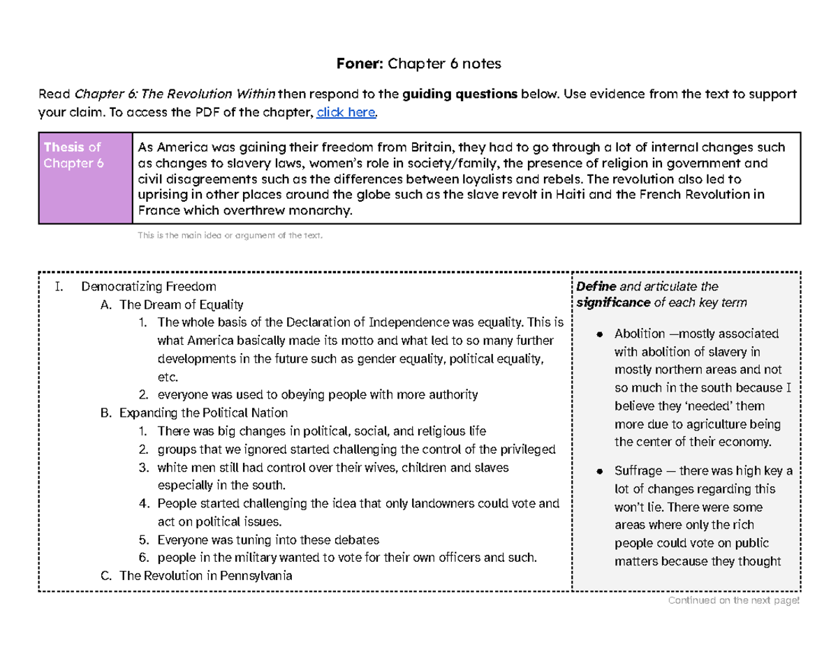 Foner: Chapter 6 notes - Foner: Chapter 6 notes ReadChapter 6: The ...