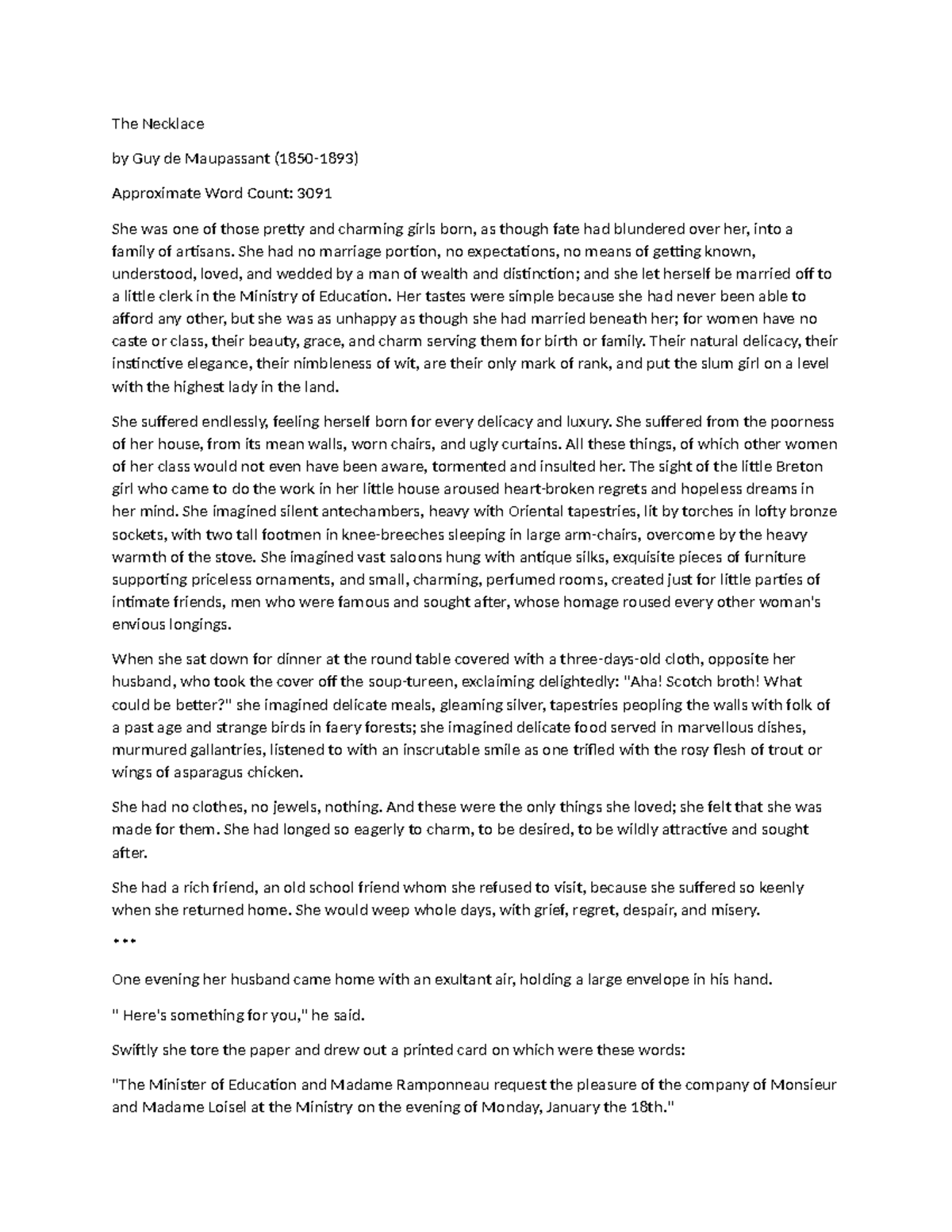 The Necklace - The Necklace by Guy de Maupassant (1850-1893 ...