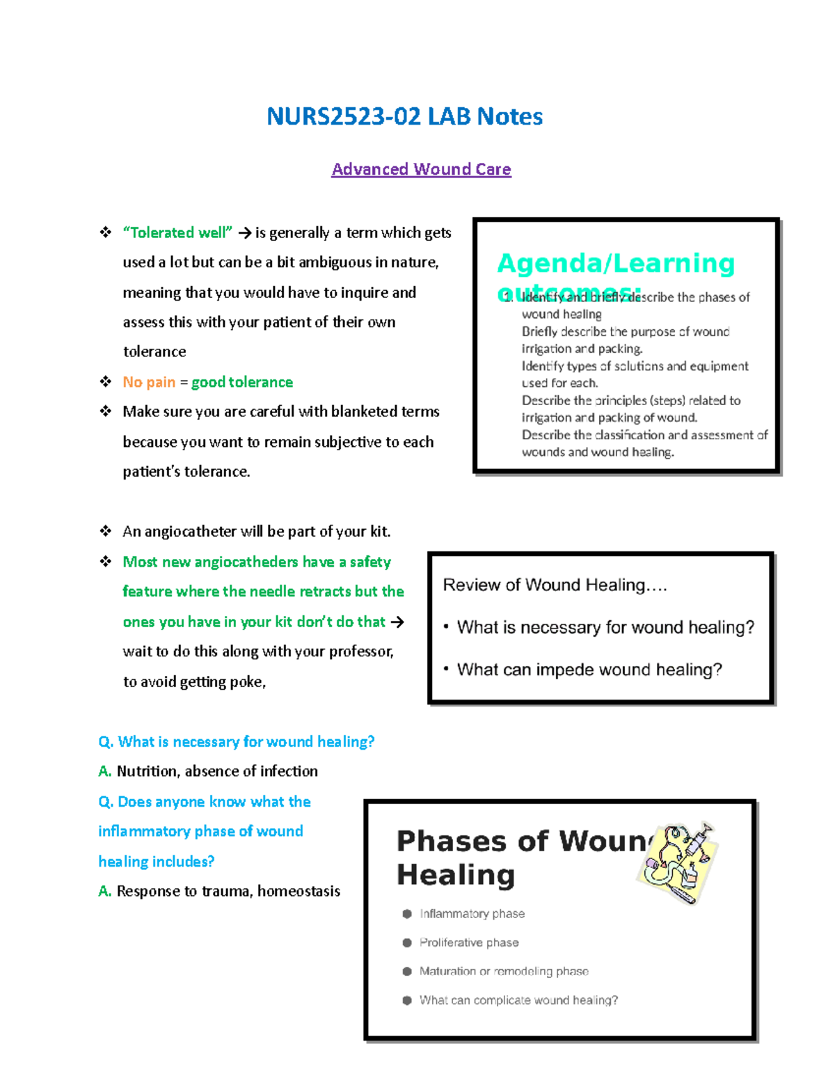 Wound care - NURS2523-02 LAB Notes Advanced Wound Care “Tolerated well ...