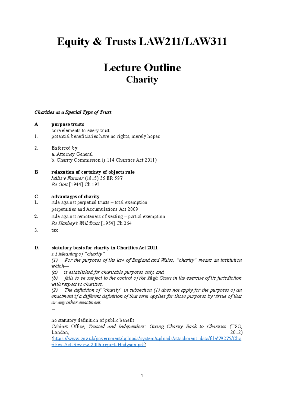 Lecture 7 Outline - Charitable Trusts - 2022-3 - Equity & Trusts LAW211/LAW Lecture Outline ...