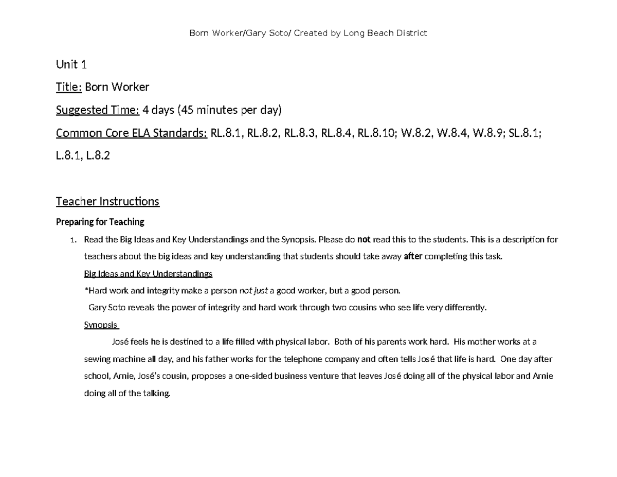 8. Born Worker. lesson - Anthology - Born Worker/Gary Soto/ Created by ...