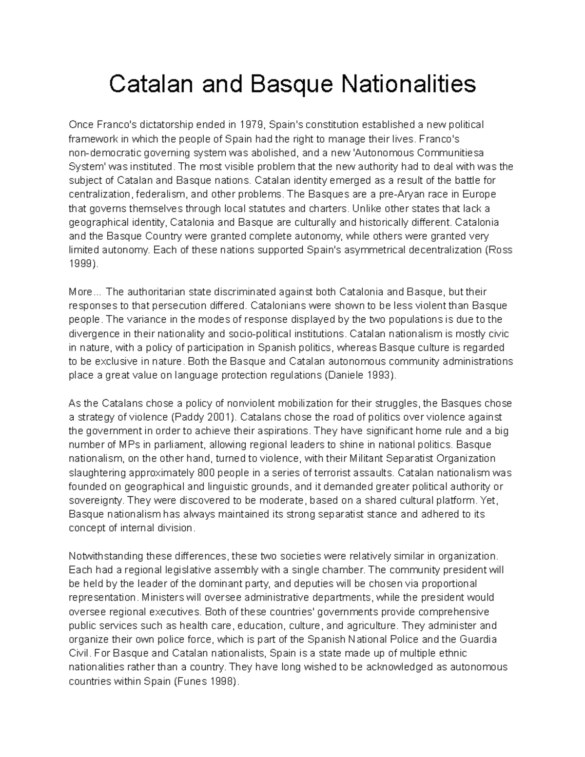 Catalan and Basque Nationalities - Franco's non-democratic governing ...