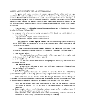 VARIETIES AND REGISTERS OF SPOKEN AND WRITTEN LANGUAGE - Purposive ...