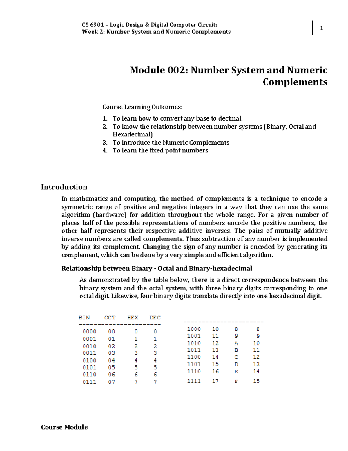 Week 2 - Number System Numeric Complements - CS 6301 – Logic Design & Digital Computer Circuits ...