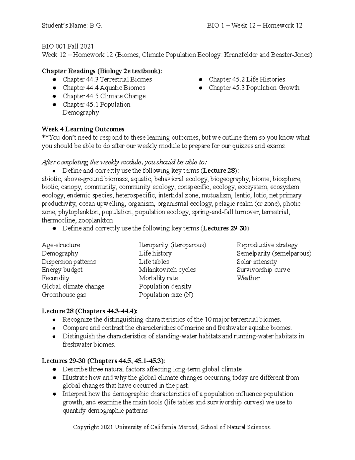 Bio 001 homework week 12 - BIO 001 Fall 2021 Week 12 – Homework 12 ...