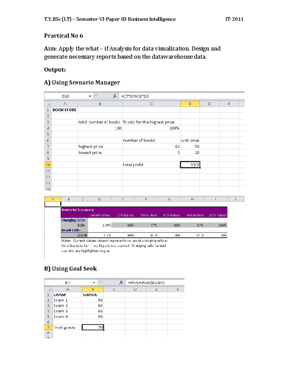 Practical 6 Bscit Information Technoogy Practical No 6 Aim Apply The What If Analysis