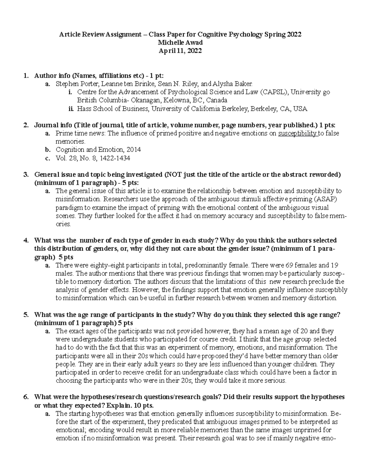 Article review assignment info sheet and questionnaire cognitive SP ...