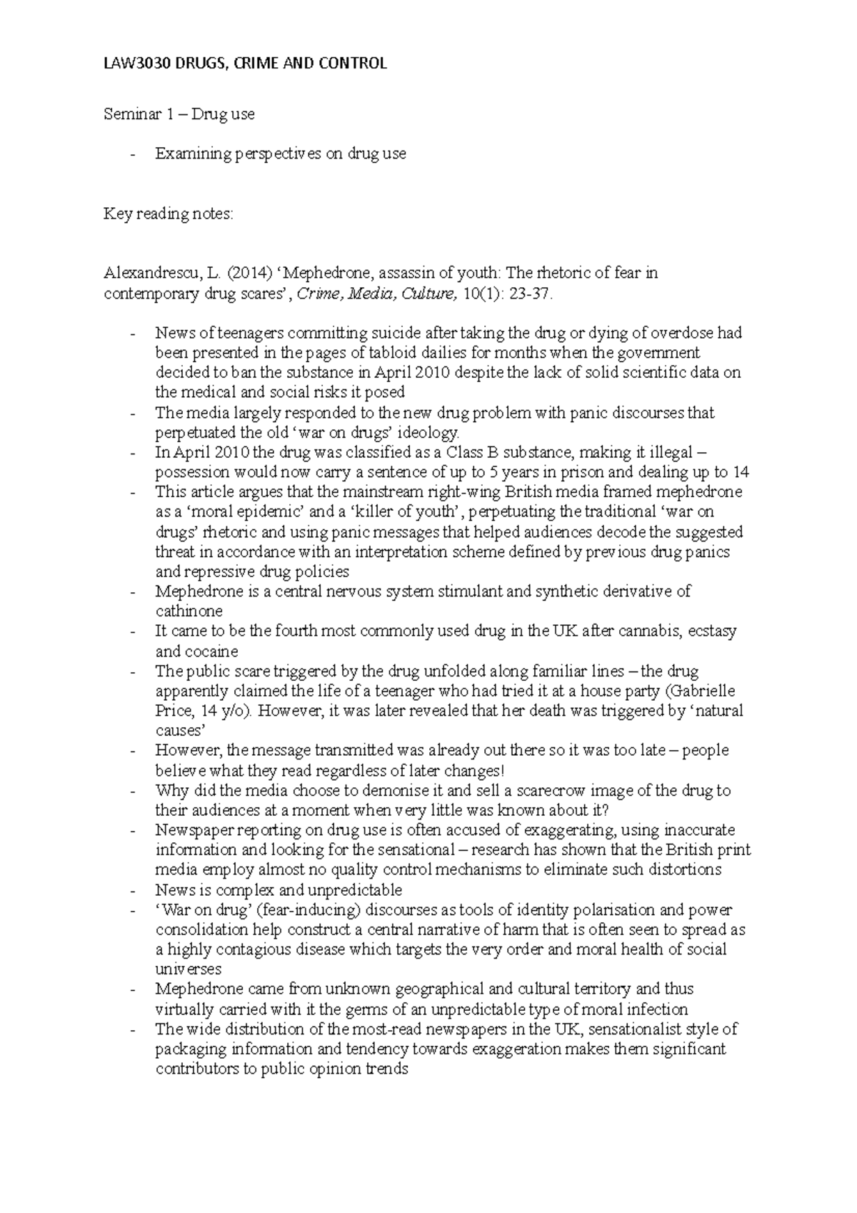 Drugs, Crime and Control Seminar 1 - Drug Use - Seminar 1 – Drug use ...