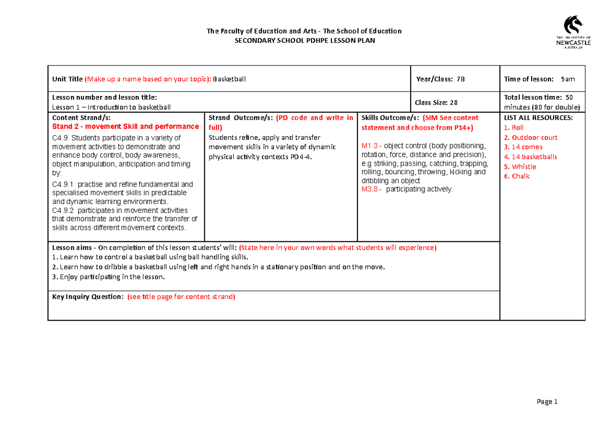 1. Lesson Plan Proforma Pdhpe updated 2023 T Kelty - EDUC1101 - UoN ...