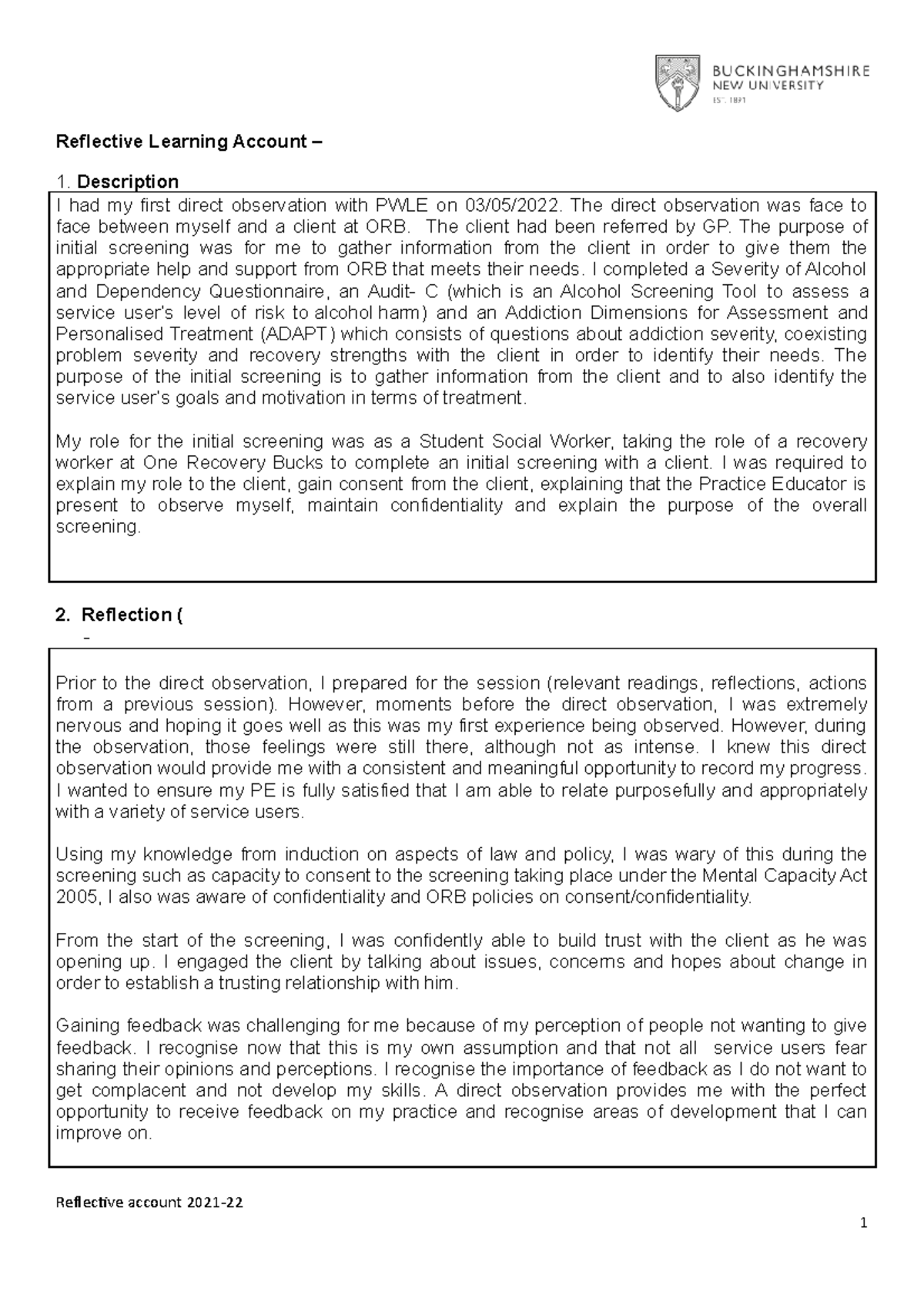 Ra2 - REFLECTIVE ACCOUNT - Reflective Learning Account – Description I ...