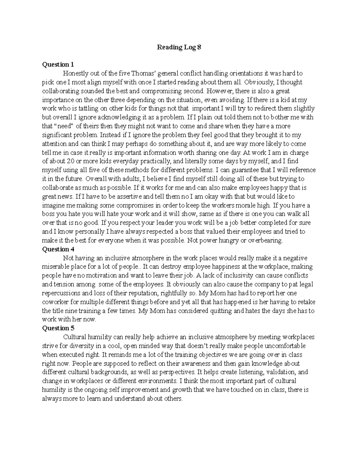 Reading Log 8 - reflection - Reading Log 8 Question 1 Honestly out of ...