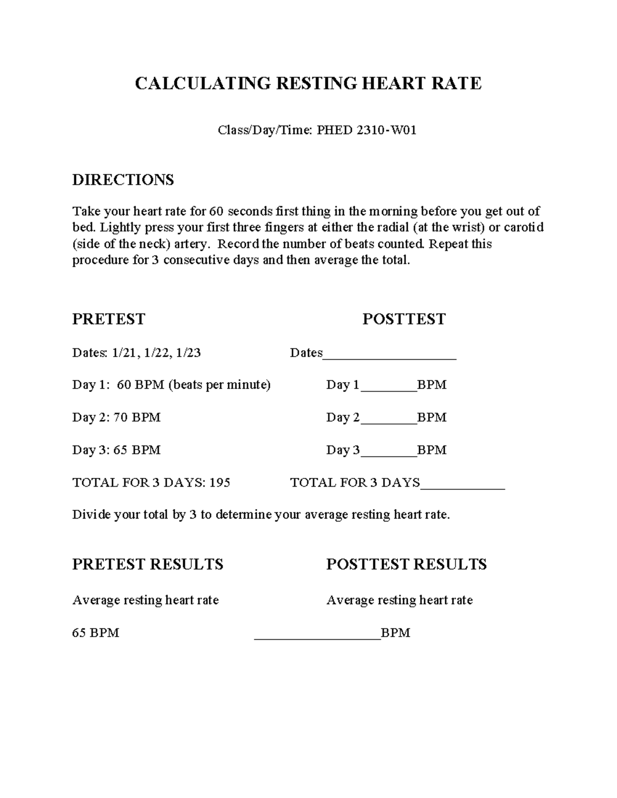 Calculating Resting Heart RATE - CALCULATING RESTING HEART RATE Class ...