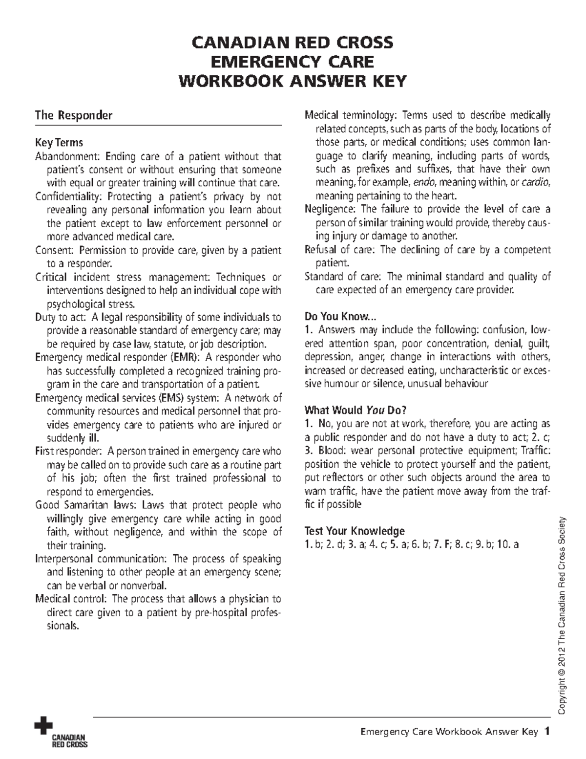Emergency care workbook answer key 2012 - Copyright © 2012 The Canadian ...