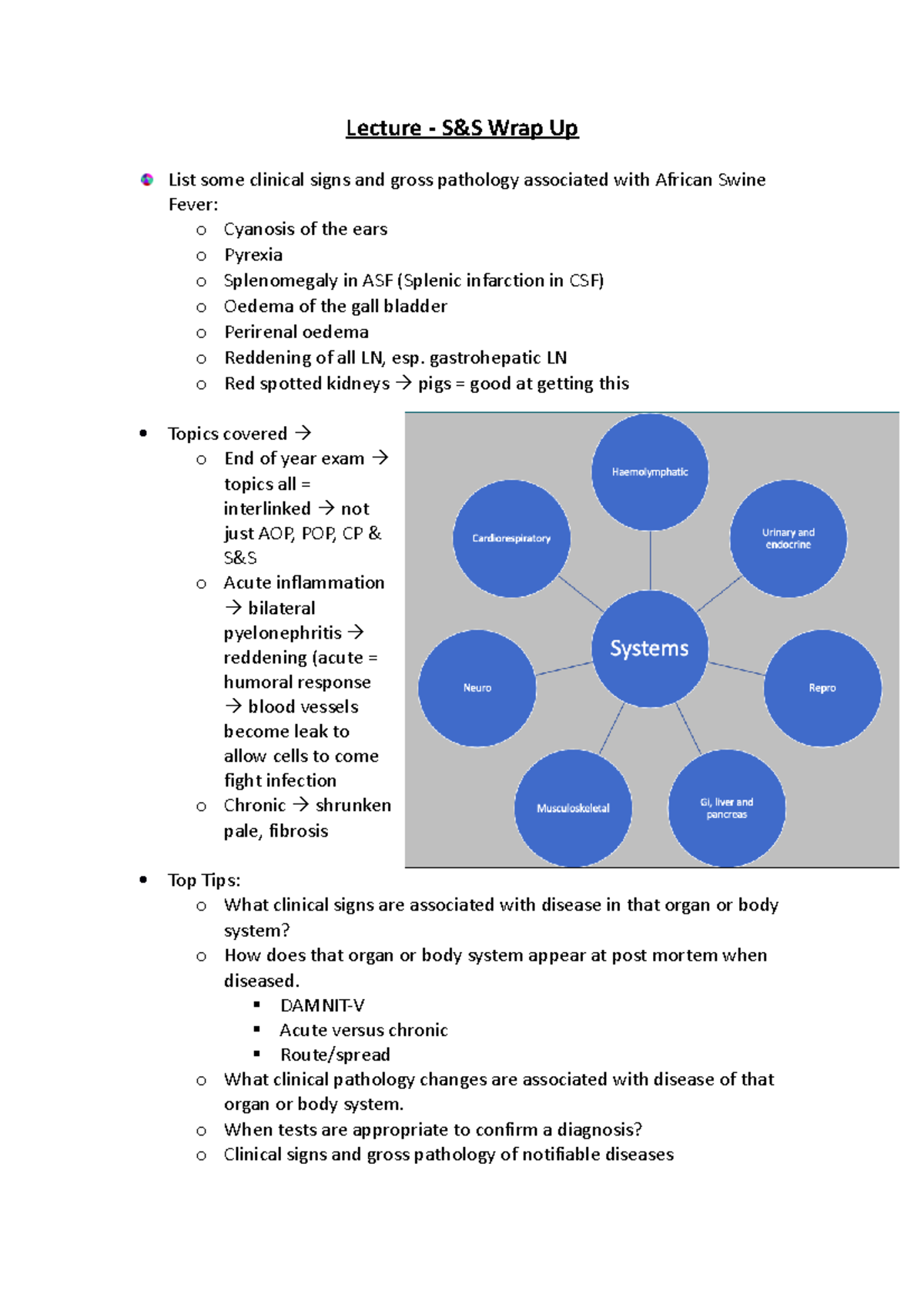 Lecture 210 - S&S Wrap Up - Lecture - S&S Wrap Up List some clinical signs and gross pathology ...