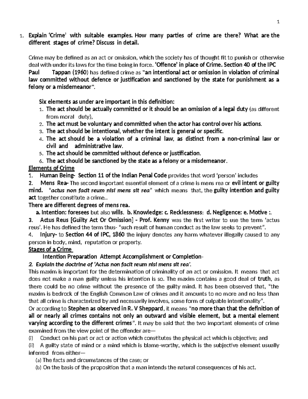 IPC Short - Collection of Notes - Explain ‘Crime’ with suitable ...