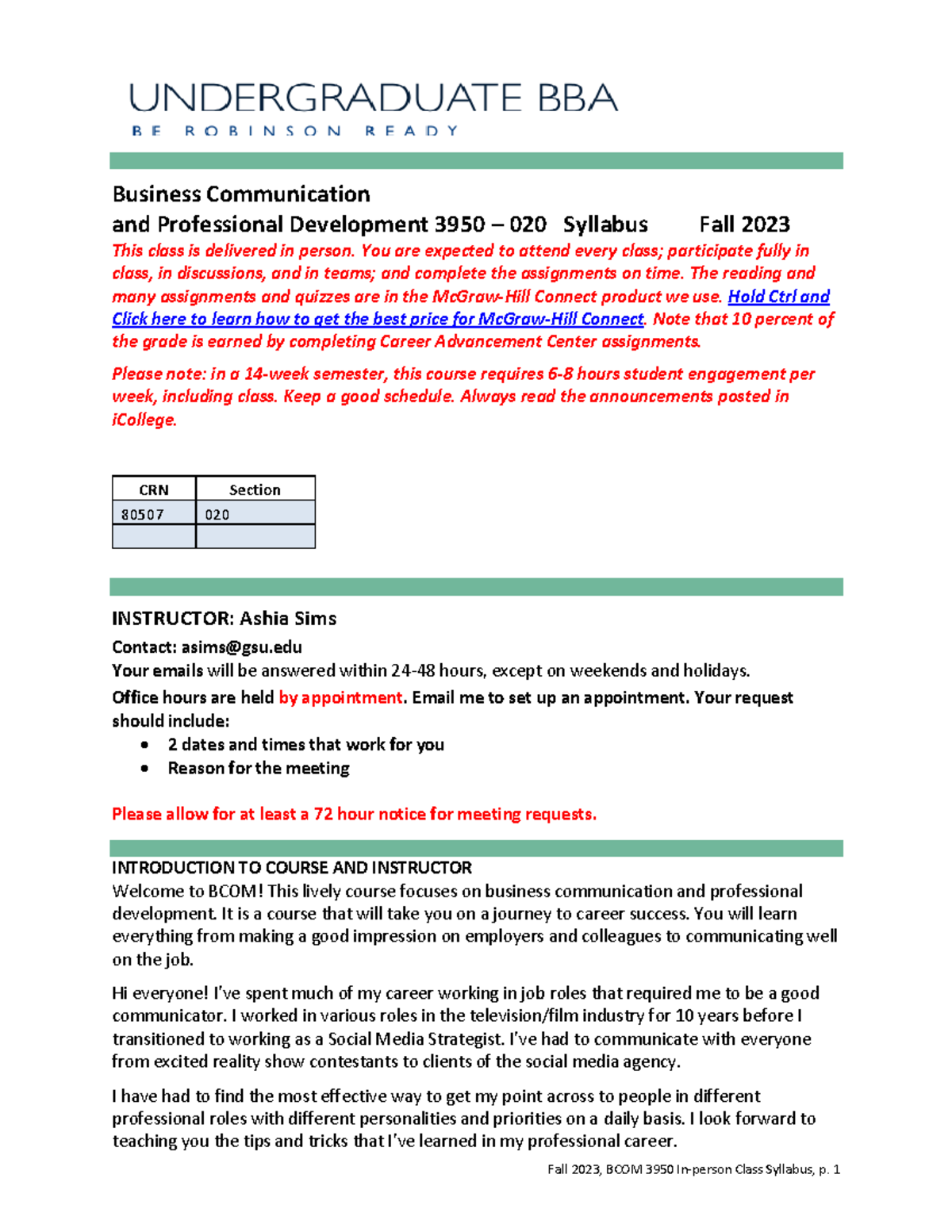 Syllabus BCOM 3950 F2023-020 - Business Communication and Professional ...